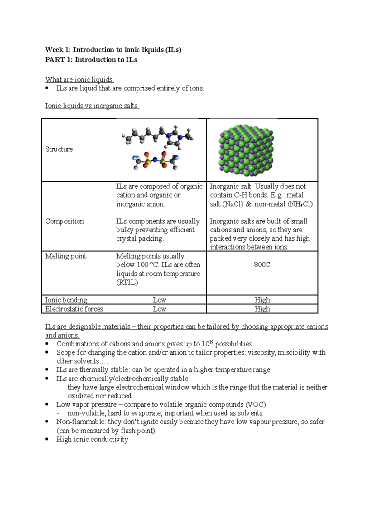 Week 1-4 - Lecture notes - Week 1: Introduction to ionic liquids (ILs ...