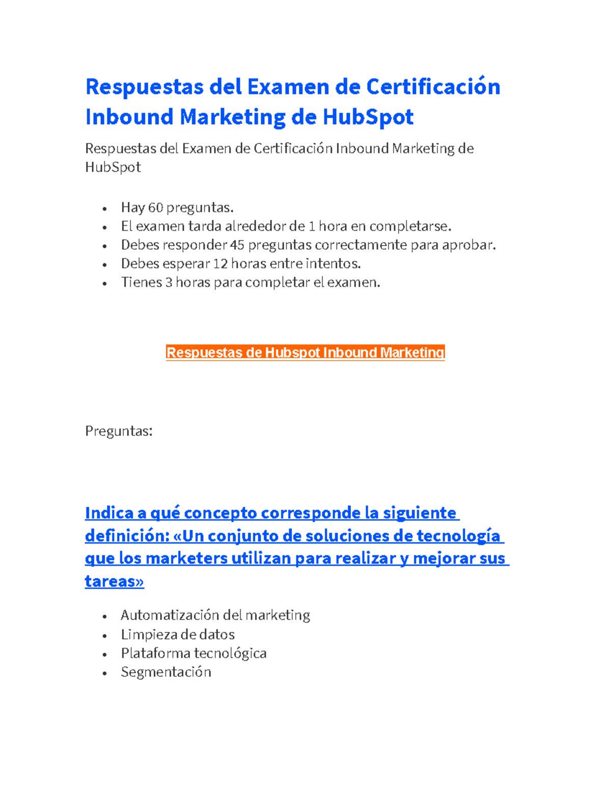GUIA Preguntas Examenes - Respuestas del Examen de Certificación Inbound Marketing de HubSpot ...