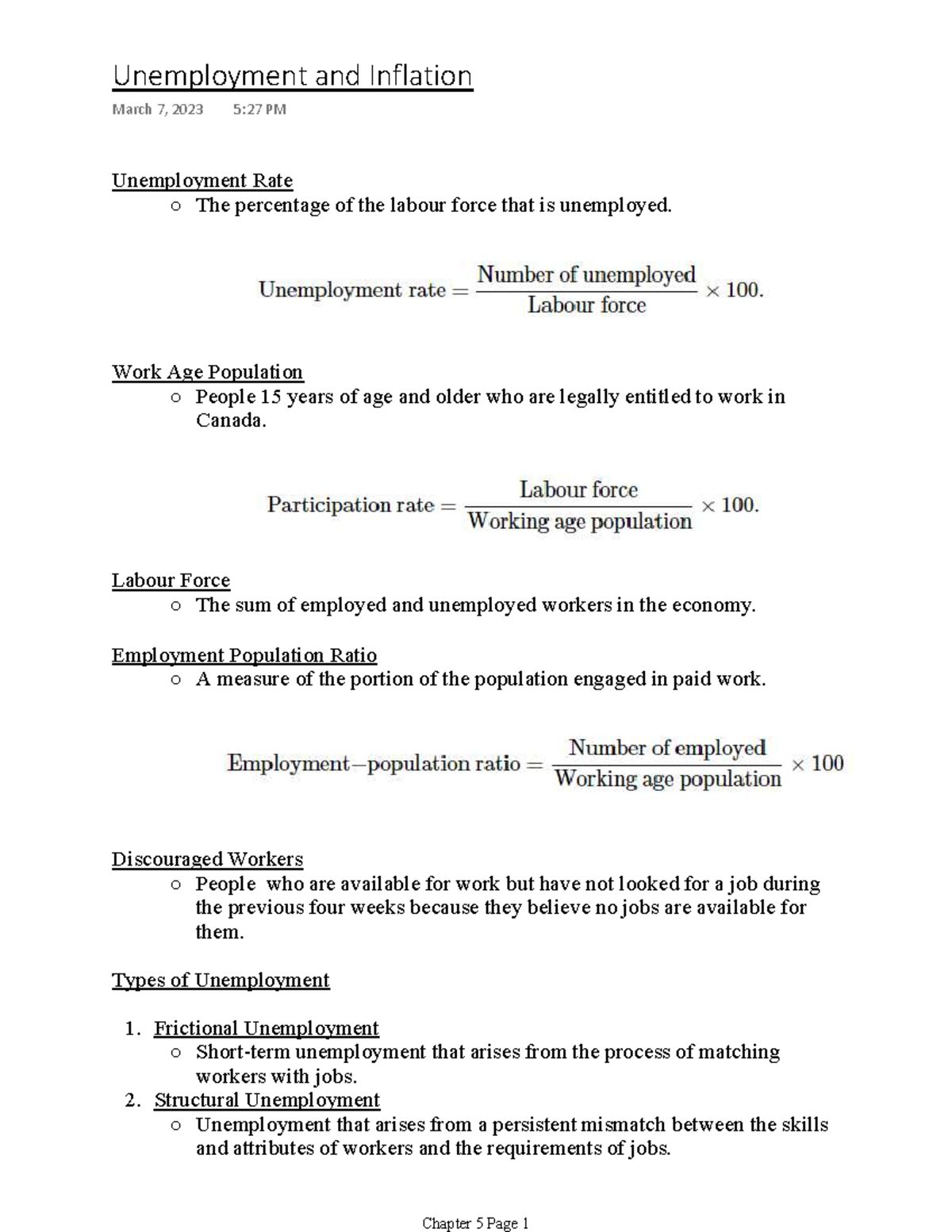 Macro-Economics Chapter 5 - Unemployment Rate The percentage of the ...