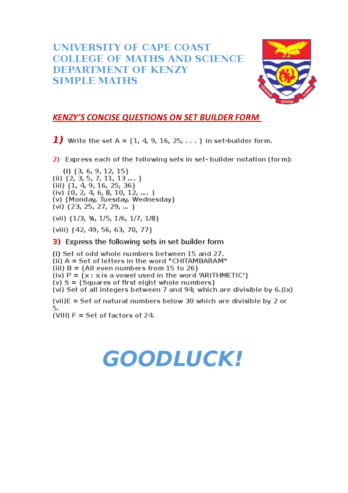 Maths - questions on sets - UNIVERSITY OF CAPE COAST COLLEGE OF MATHS ...