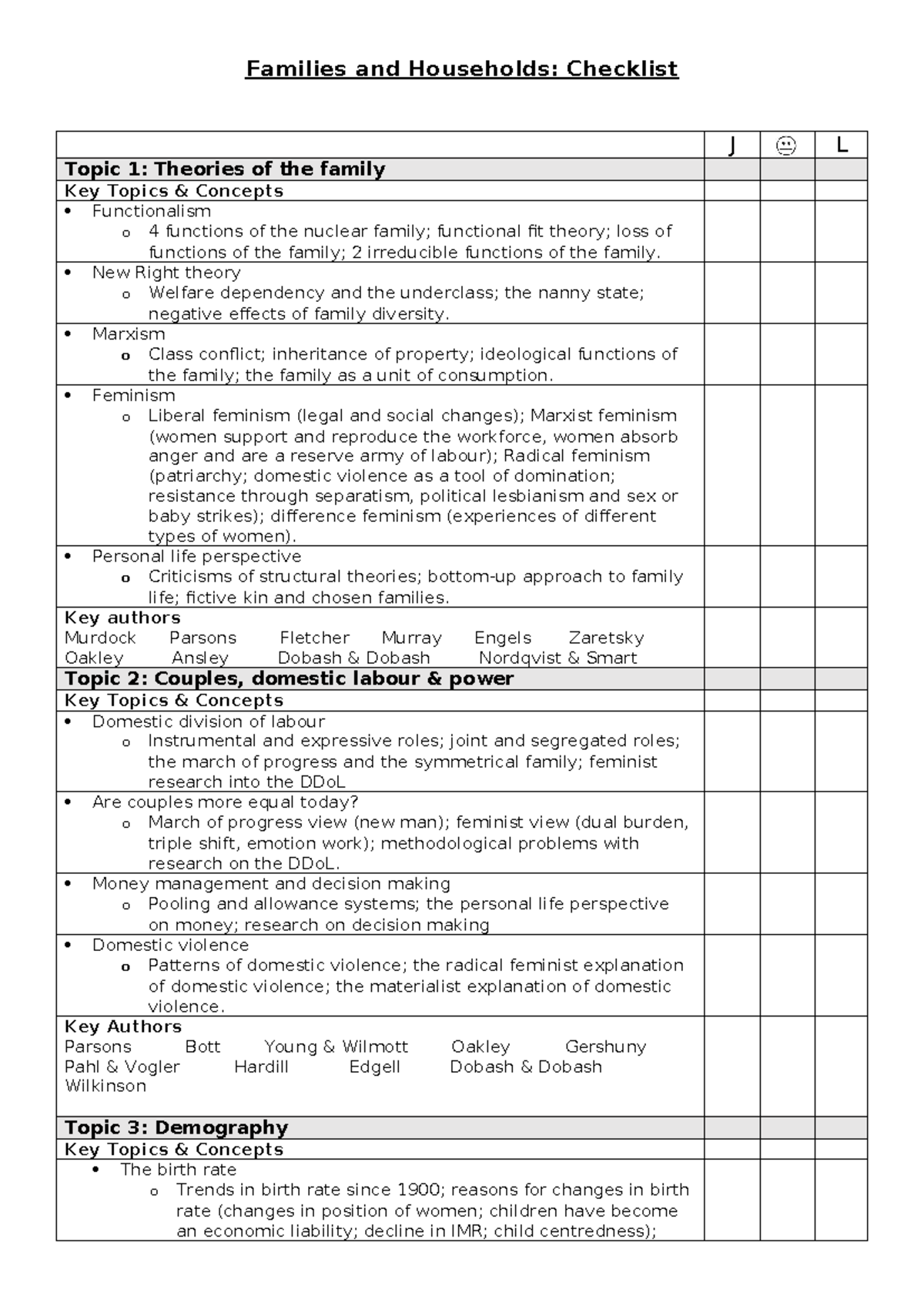 family and households - Families and Households: Checklist J L Topic 1 ...