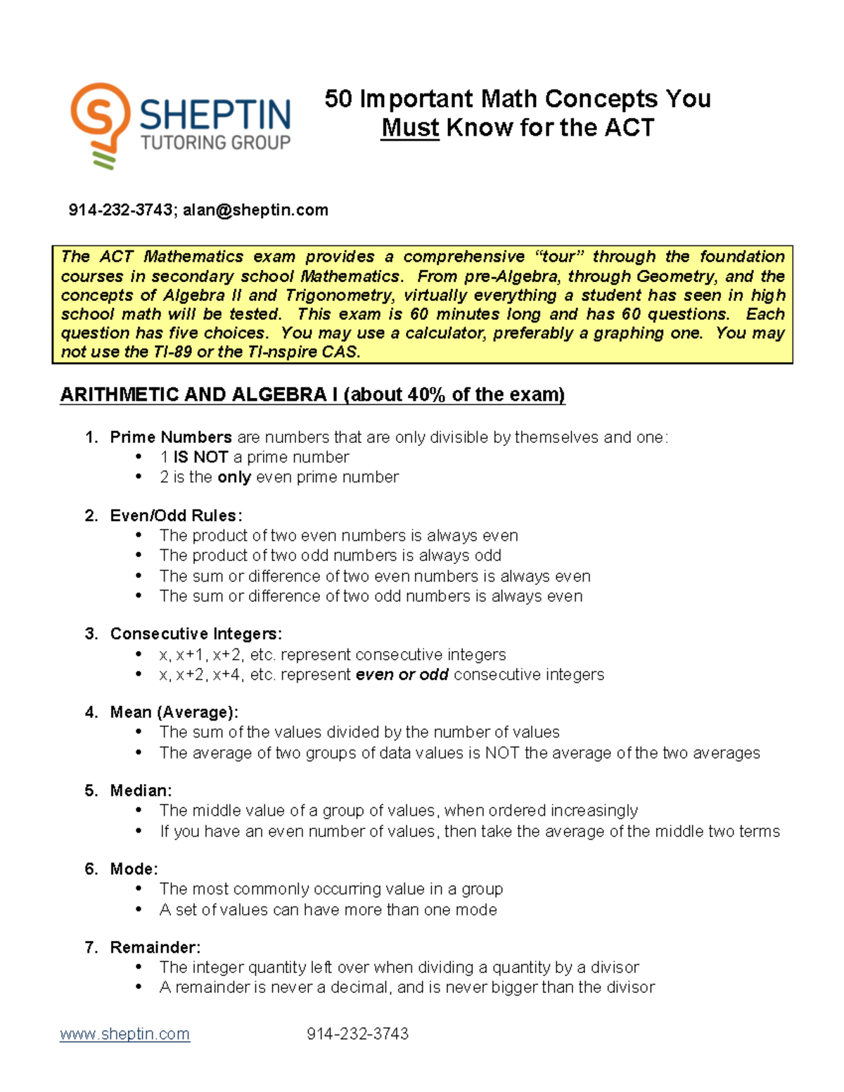 50 Important Math Concepts 1 - The ACT Mathematics exam provides a ...