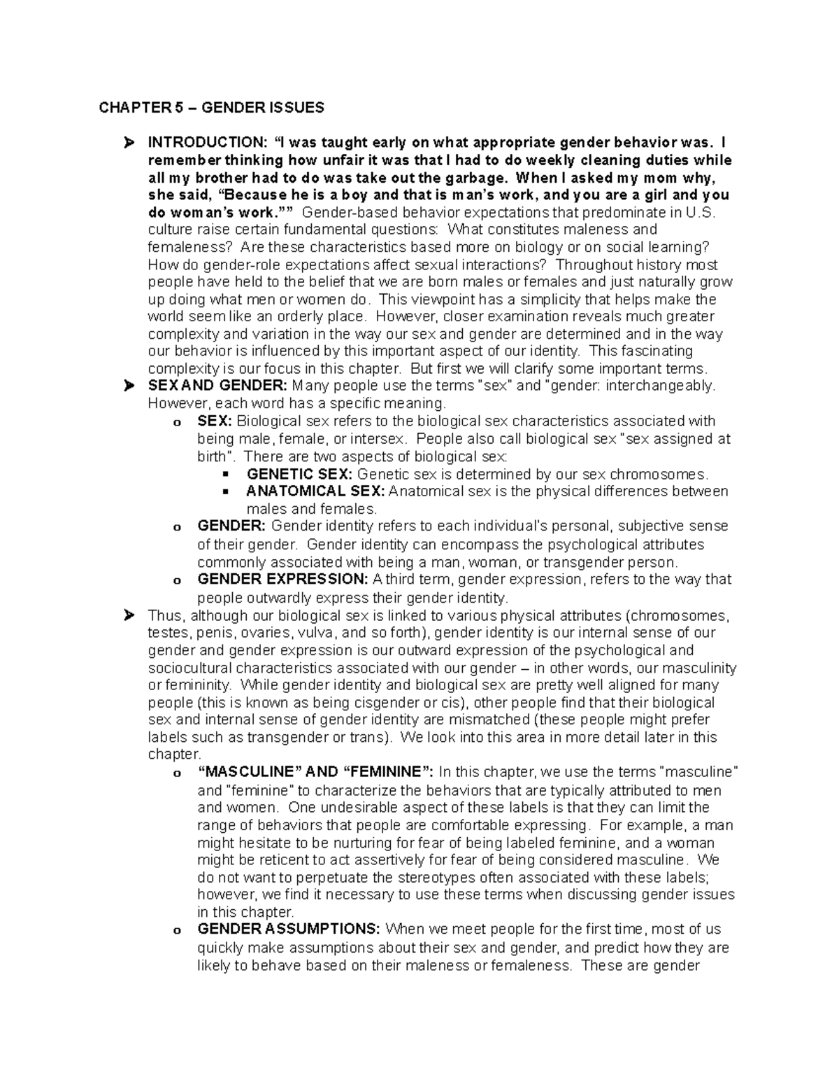 Chapter 5 HS Notes - CHAPTER 5 – GENDER ISSUES INTRODUCTION: “I was ...