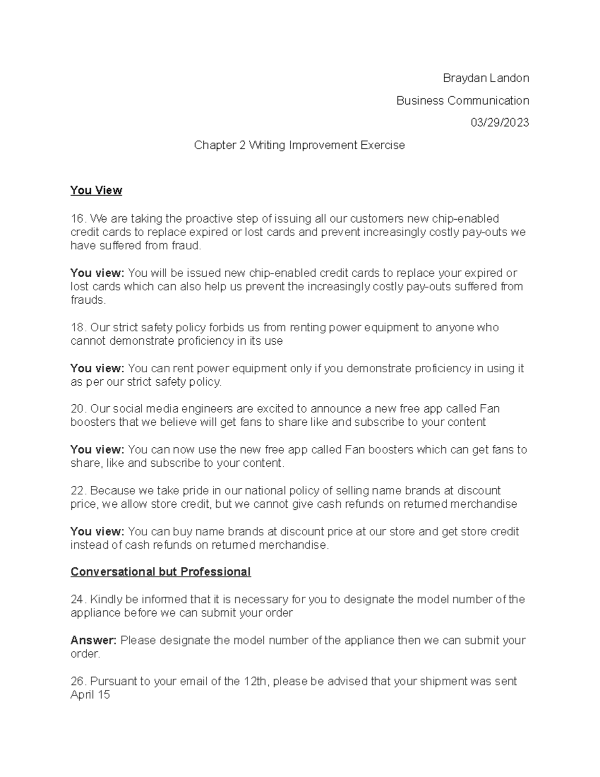 Chapter 2 Writing improvment excerise - Braydan Landon Business ...
