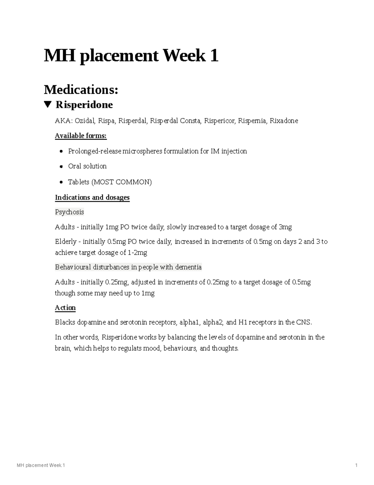 MSE and pharmacology exemplar for placement - MH placement Week 1 ...