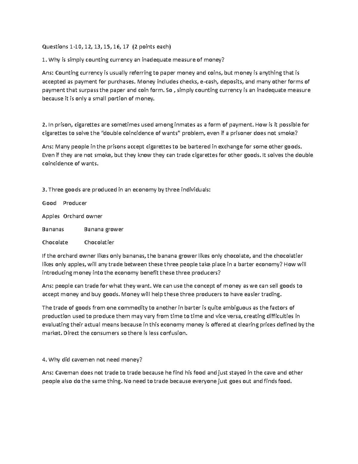 Econ 3 - homewoek - Questions 1-10, 12, 13, 15, 16, 17 (2 points each ...