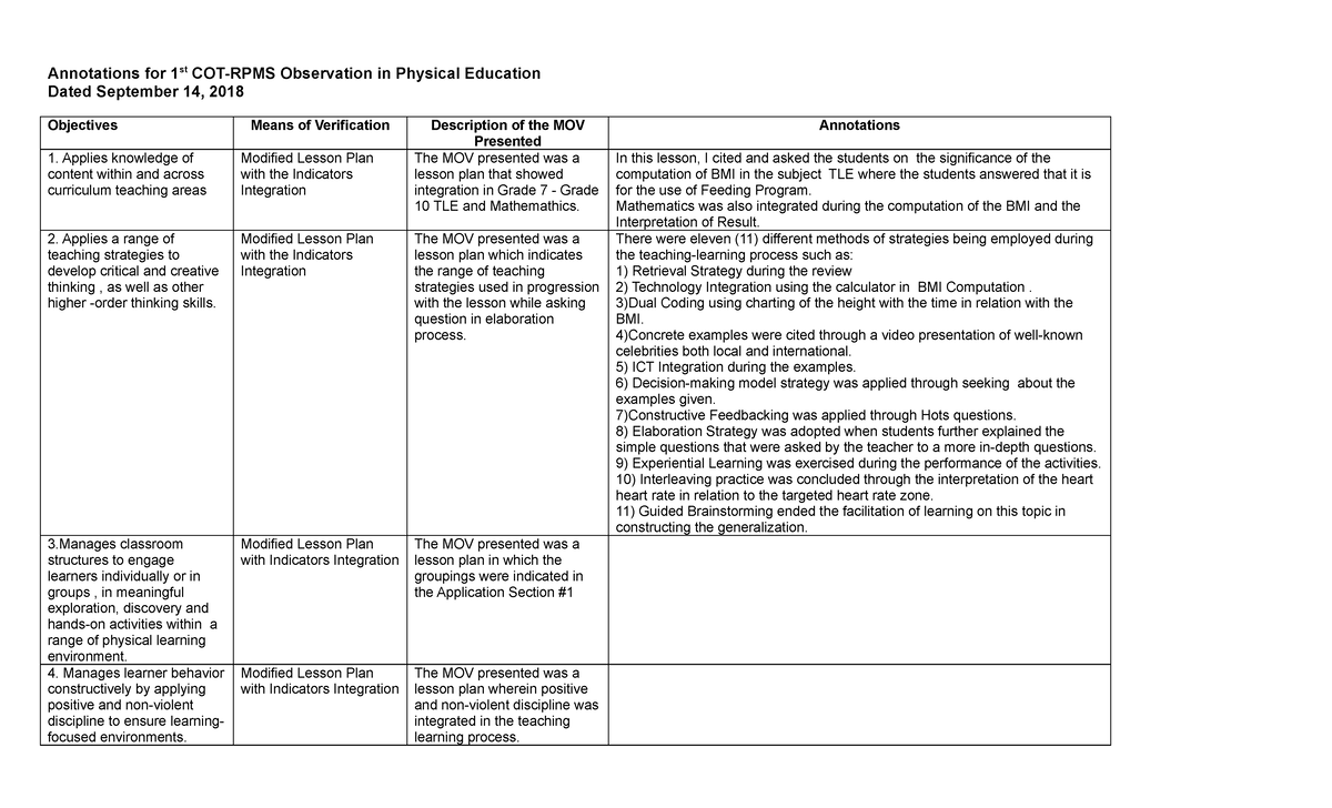 Annotation Sample for Classroom Observat - Annotations for 1st COT-RPMS ...