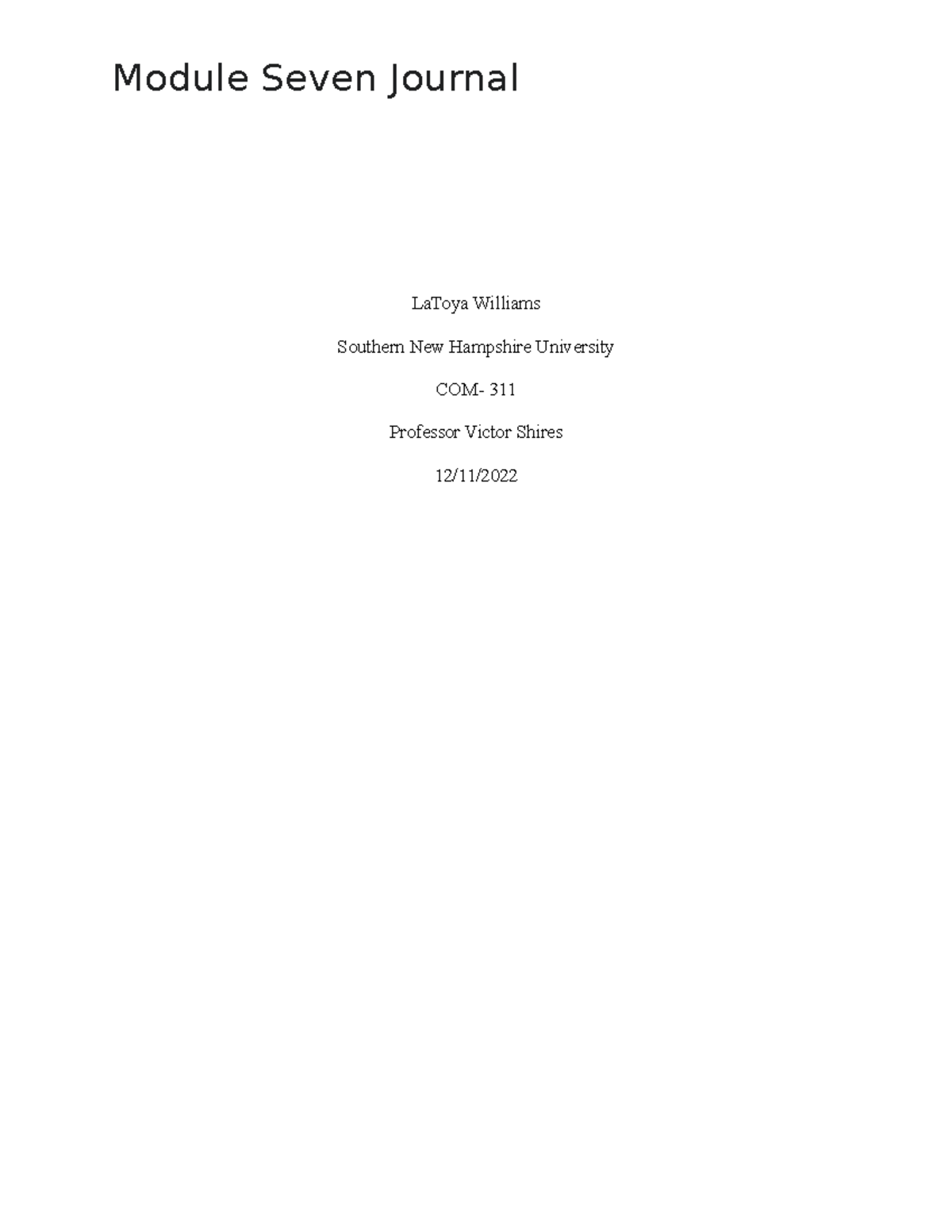 Module Seven Journal - LaToya Williams Southern New Hampshire ...