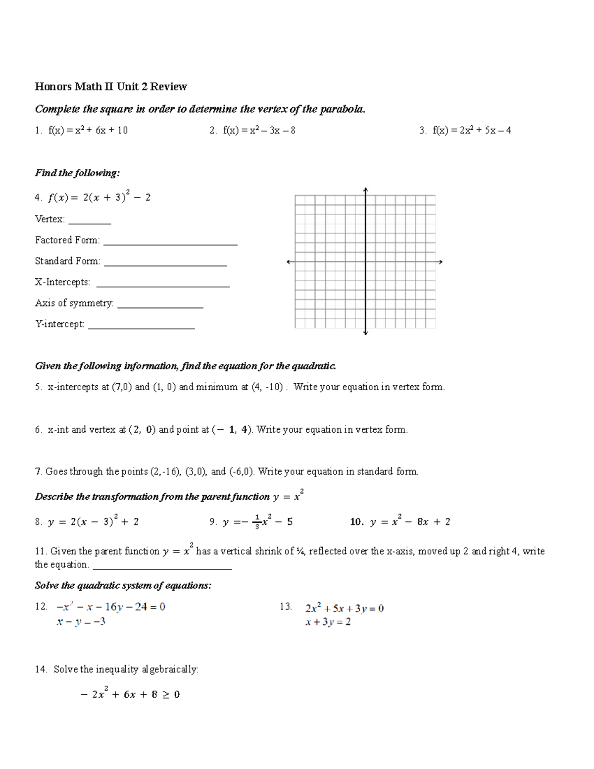 Unit 2 Review Sheet - Math 2 - Honors Math II Unit 2 Review Complete ...