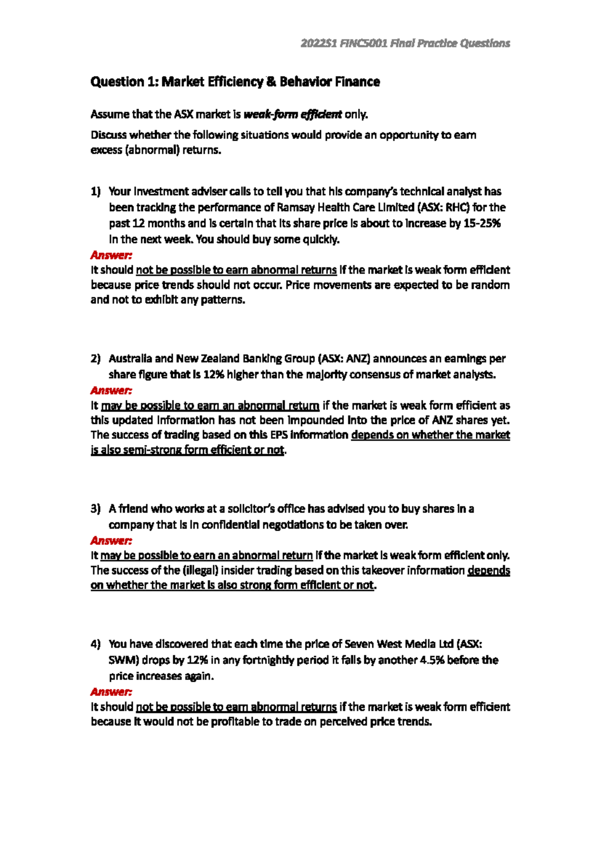 2022S1 - FINC5001 Final Practice Questions - FINC5001 - Studocu