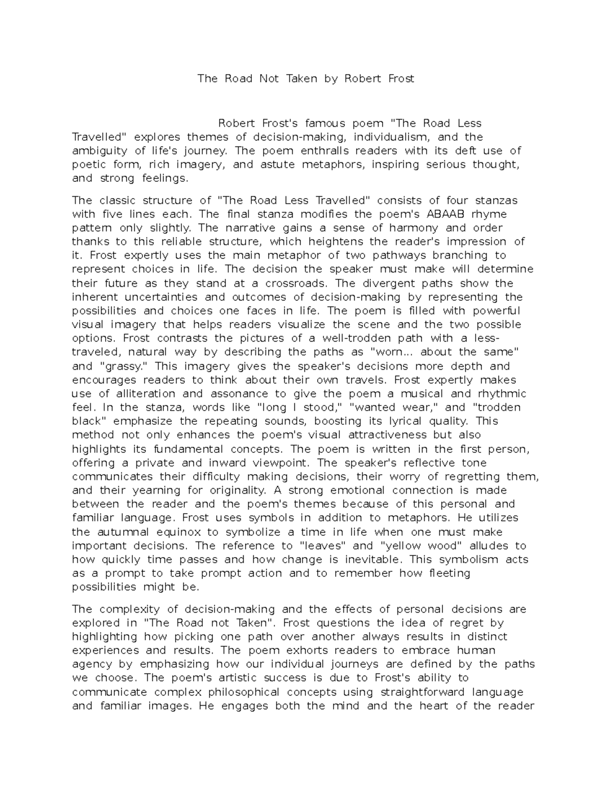 Analytical Essay - eac assignment - The Road Not Taken by Robert Frost ...