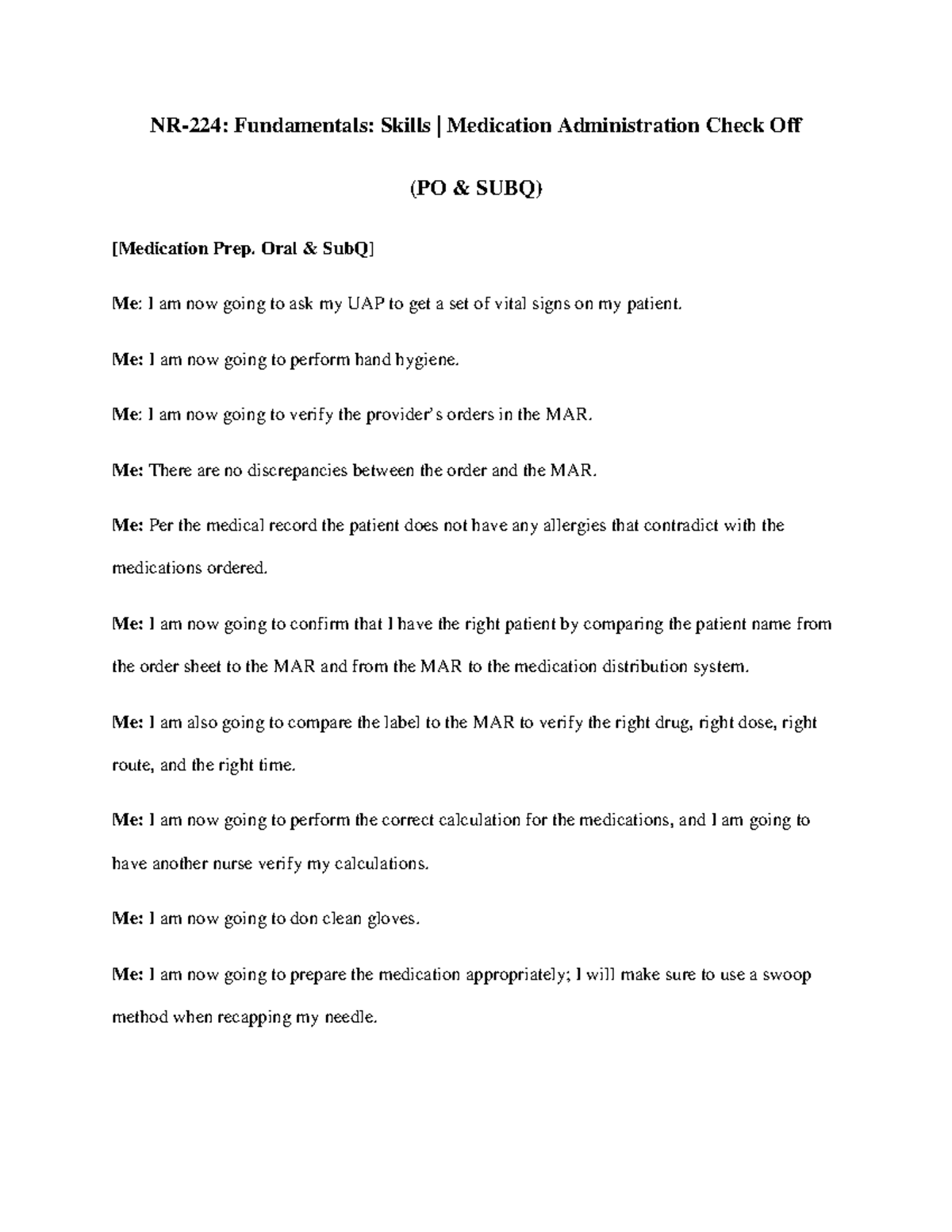 NR 224 Med Admin Script - NR-224: Fundamentals: Skills | Medication ...