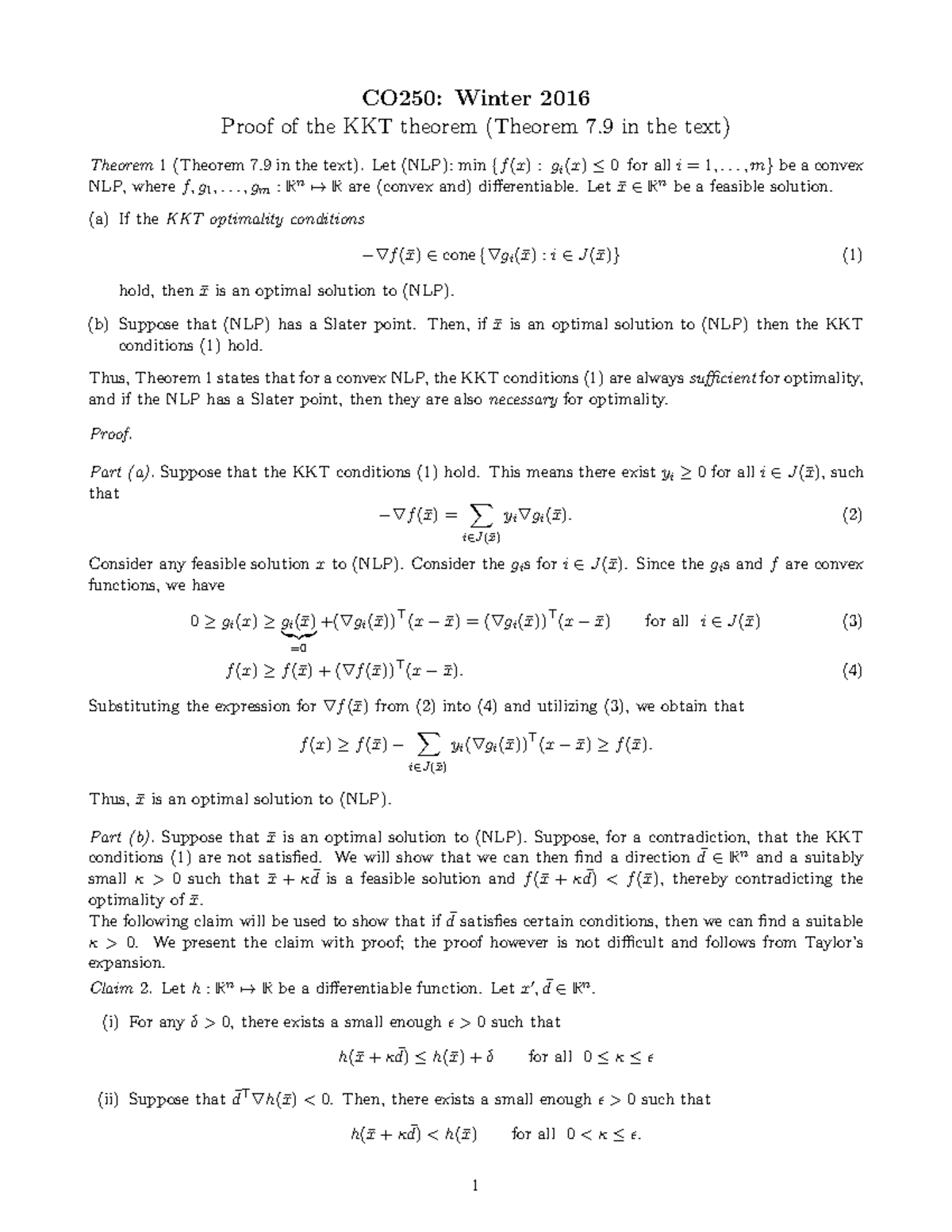 KKT-theorem - CO250: Winter 2016 Proof of the KKT theorem (Theorem 7 in ...
