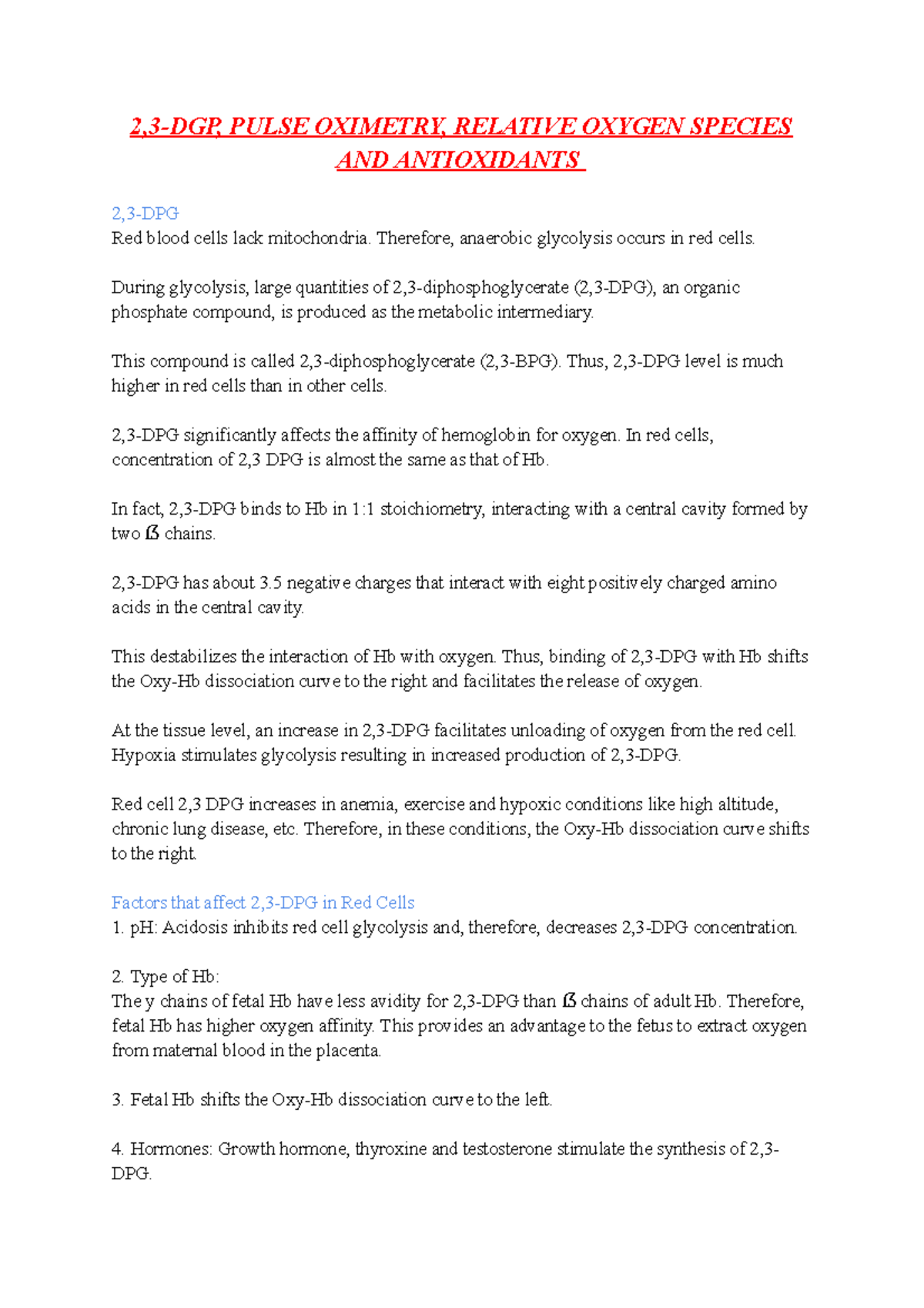 2,3-DGP, Pulse Oximetry, Relative Oxygen Species AND Antioxidants - 2,3 ...