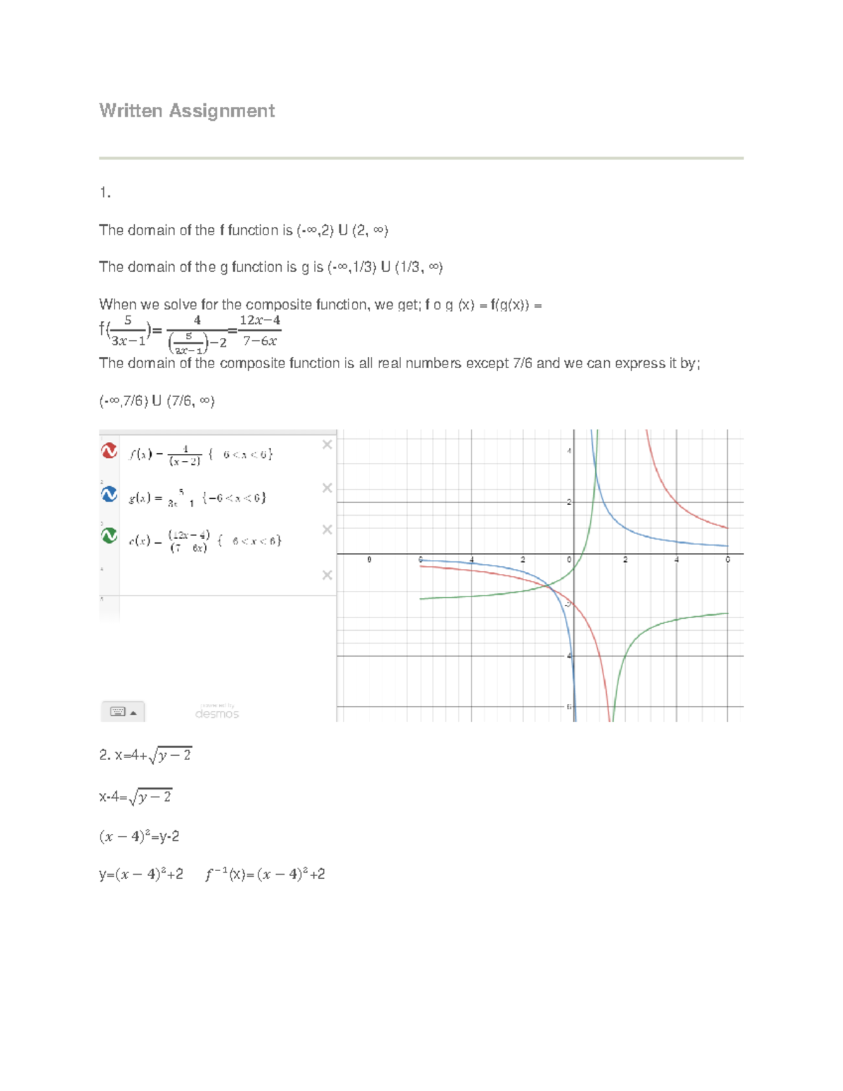 Written Assignment- Unit - 4 - Written Assignment 1. The domain of the f function is (-∞,2) U (2 ...