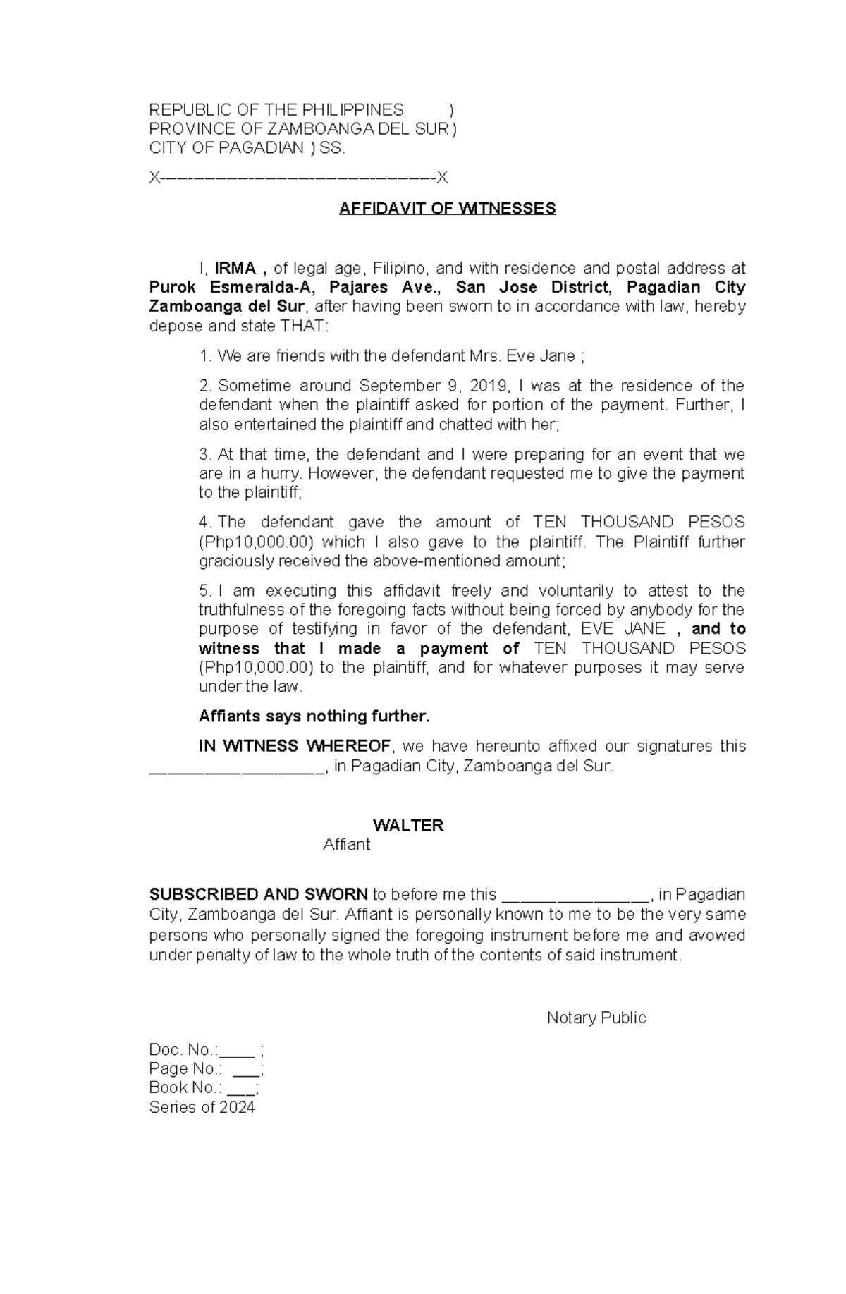 Joint affidavit of witness - REPUBLIC OF THE PHILIPPINES ) PROVINCE OF ...