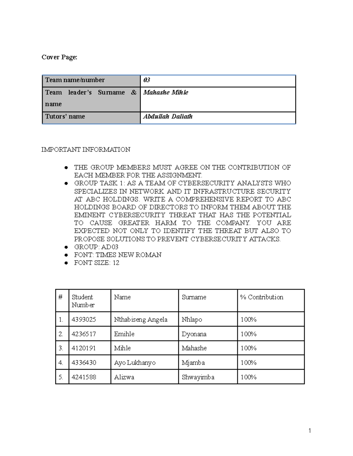IFS Group Assignment - Cover Page: IMPORTANT INFORMATION THE GROUP ...