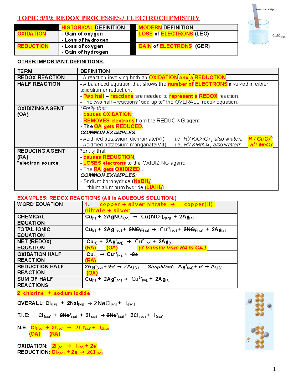 1. Topic 9,19 Notes - TOPIC 9/19: REDOX PROCESSES / ELECTROCHEMISTRY ...