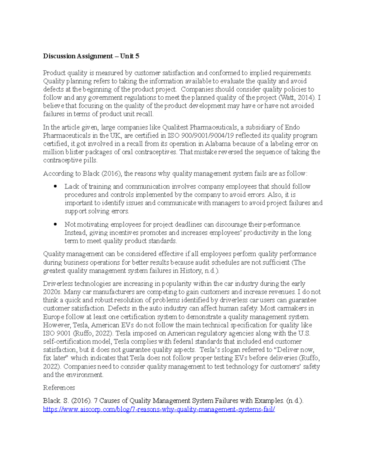 DA-Unit 5 - Discussion Assignment -Unit 5 - Discussion Assignment – Unit 5 Product quality is ...