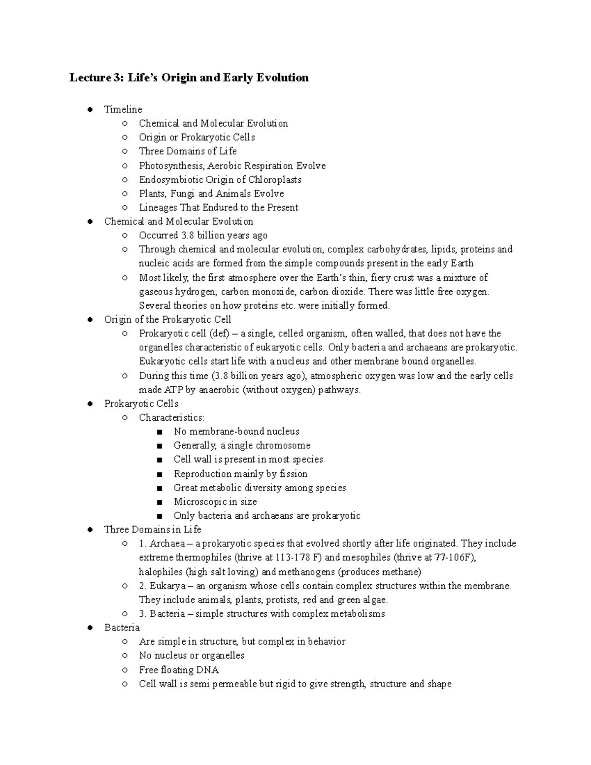 GBIO 107 Lecture 3 Notes - Lecture 3: Life’s Origin and Early Evolution ...