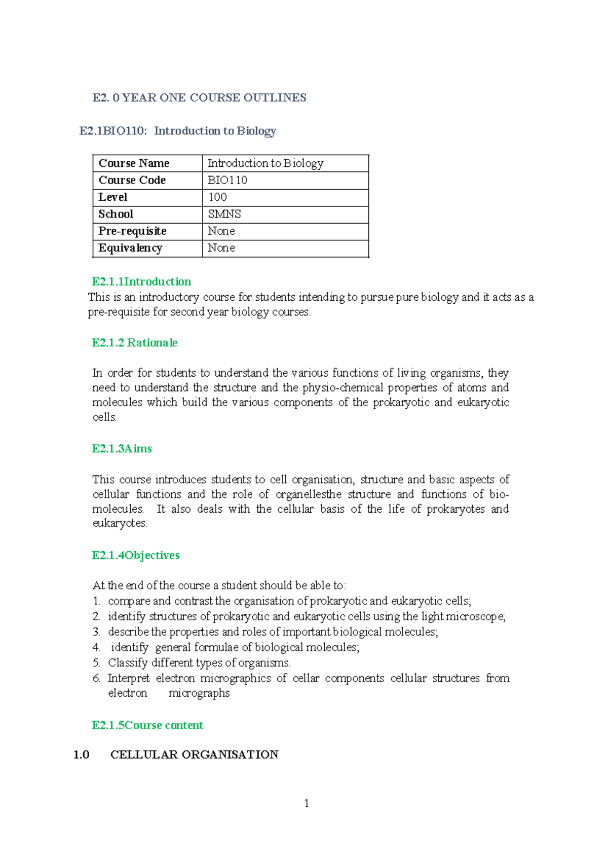 BIO 110 Course Outline - E2. 0 YEAR ONE COURSE OUTLINES E2 ...