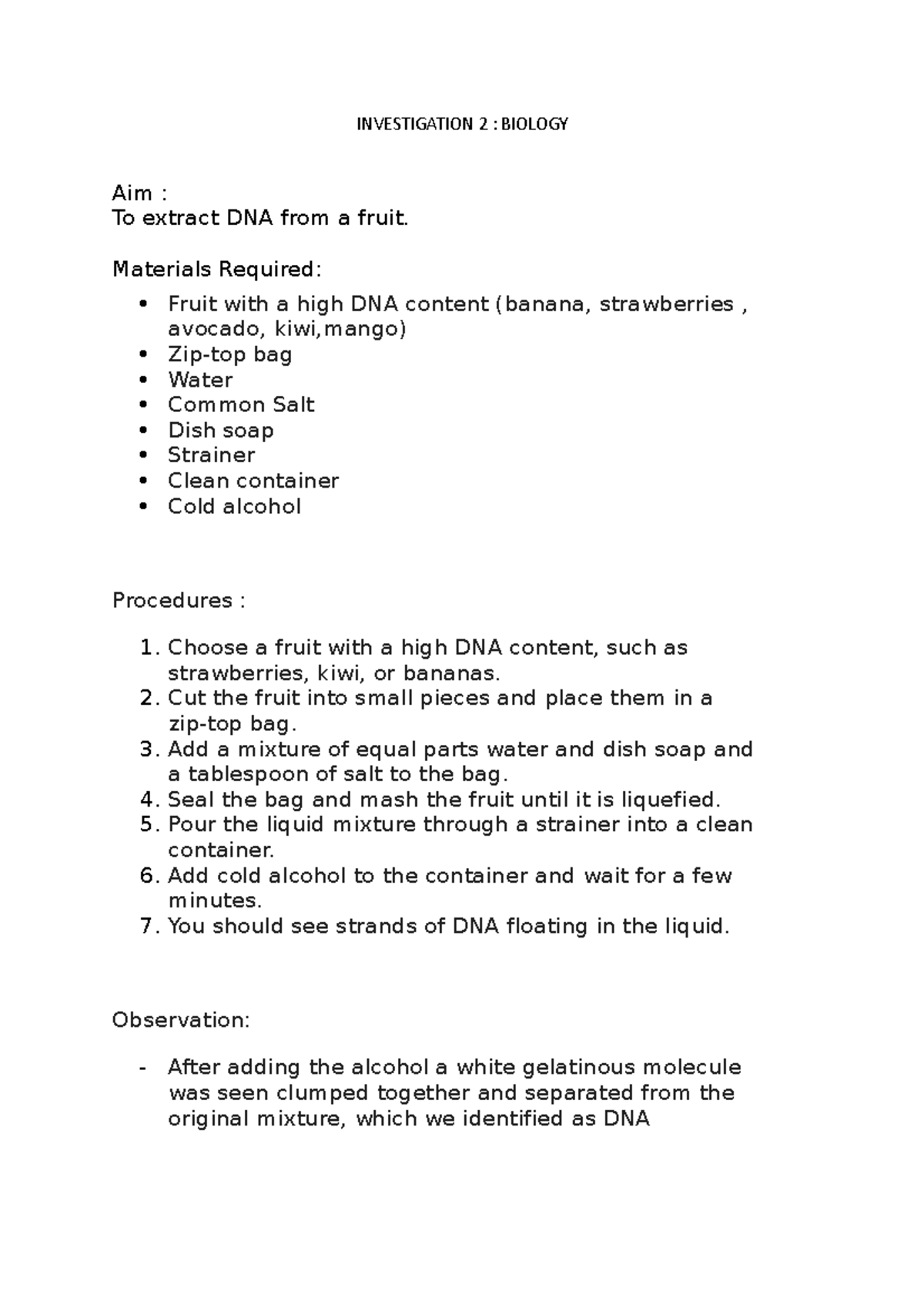 Investigation 2 - => lab report - INVESTIGATION 2 : BIOLOGY Aim : To ...