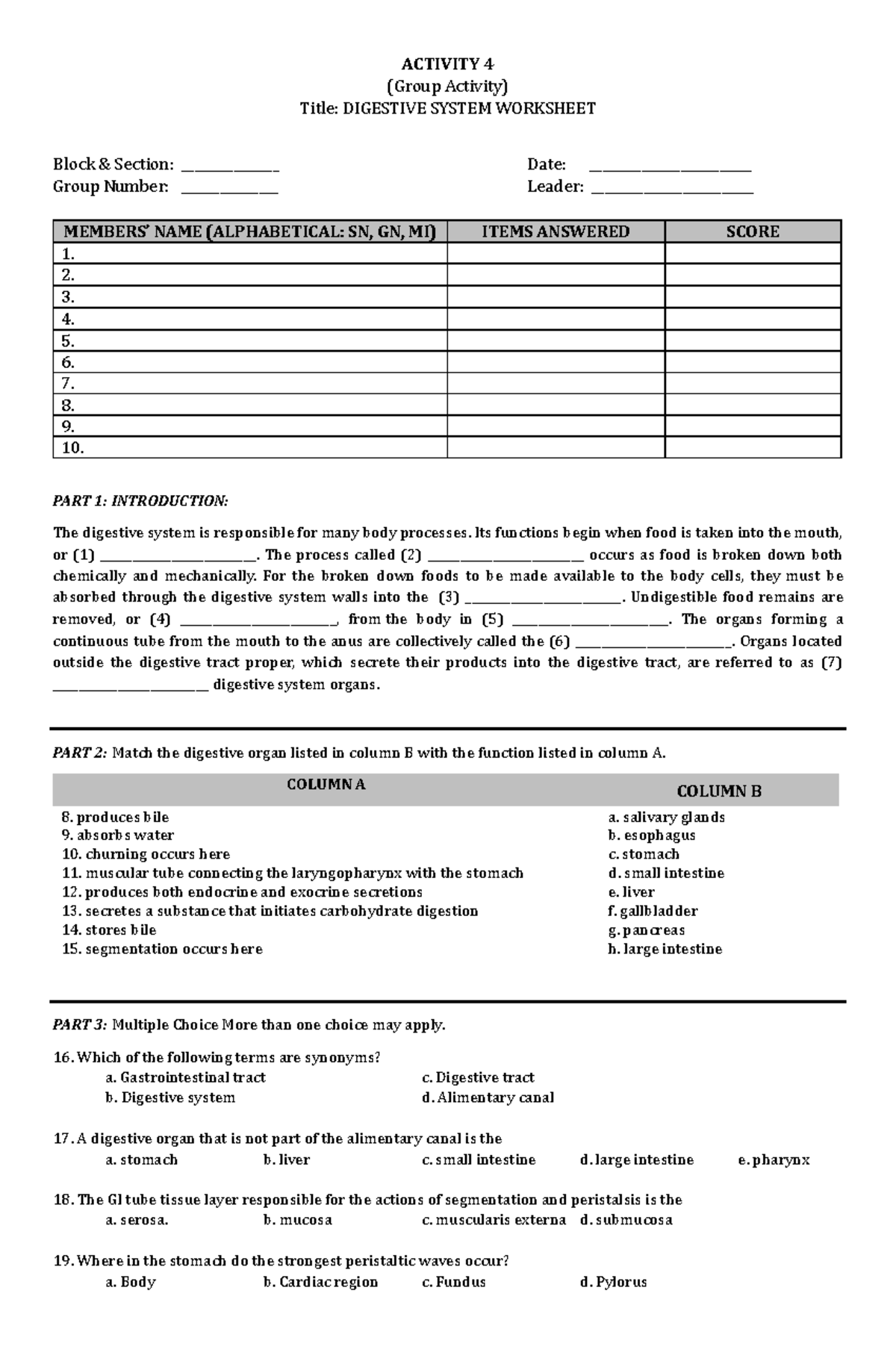Digestive-system - Notes - ACTIVITY 4 (Group Activity) Title: DIGESTIVE ...