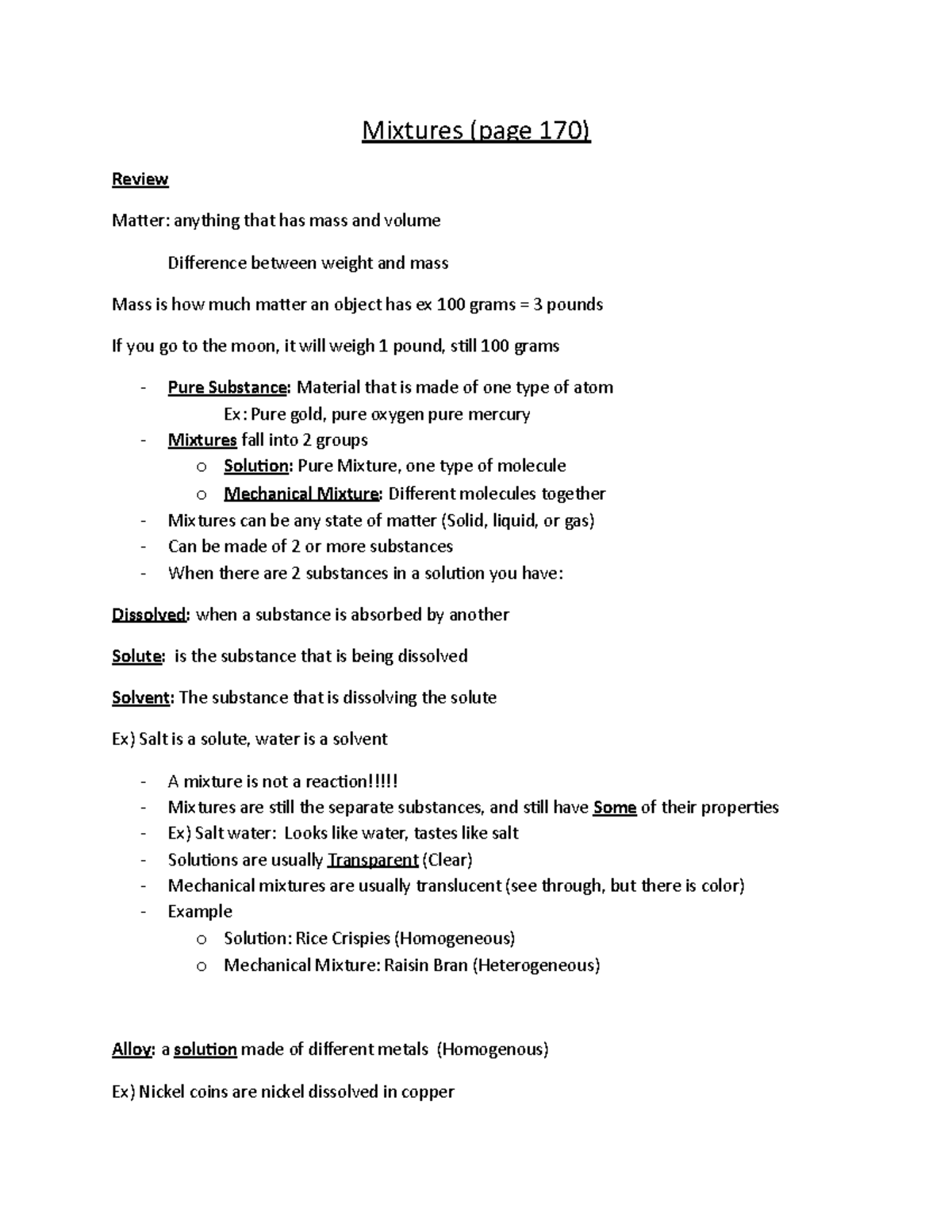 Lesson 2 - Mixtures - Lecture notes 2 - Mixtures (page 170) Review ...