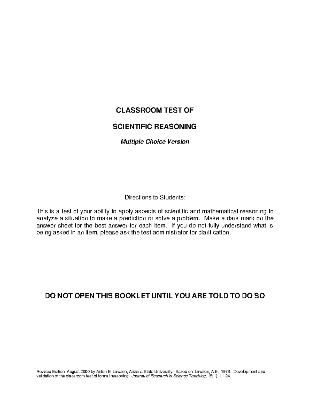 Scientific Reasoning Test - CLASSROOM TEST OF SCIENTIFIC REASONING ...