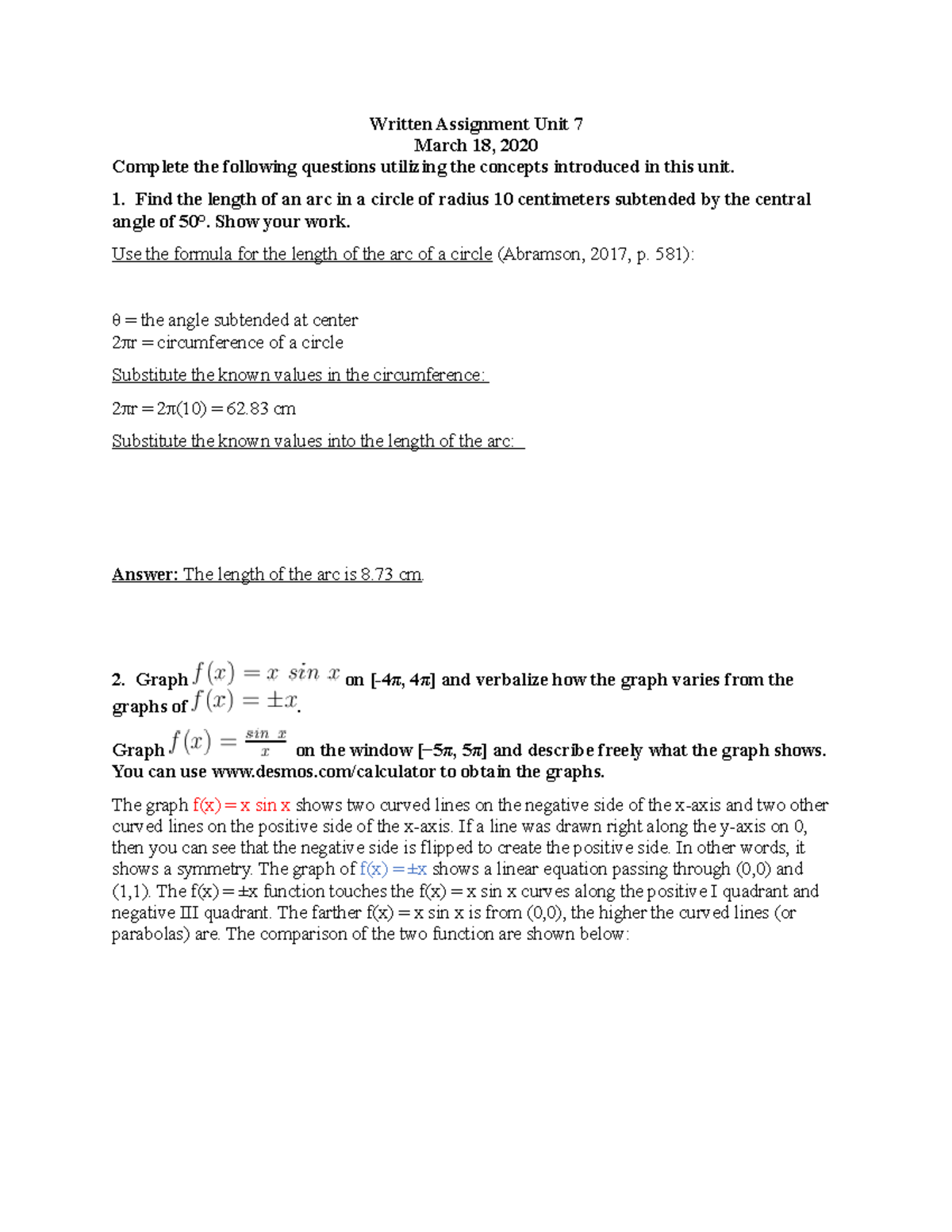 535899129 Math 1201 Written Assignment Unit 7 Written Assignment Unit 7 March 18 2020