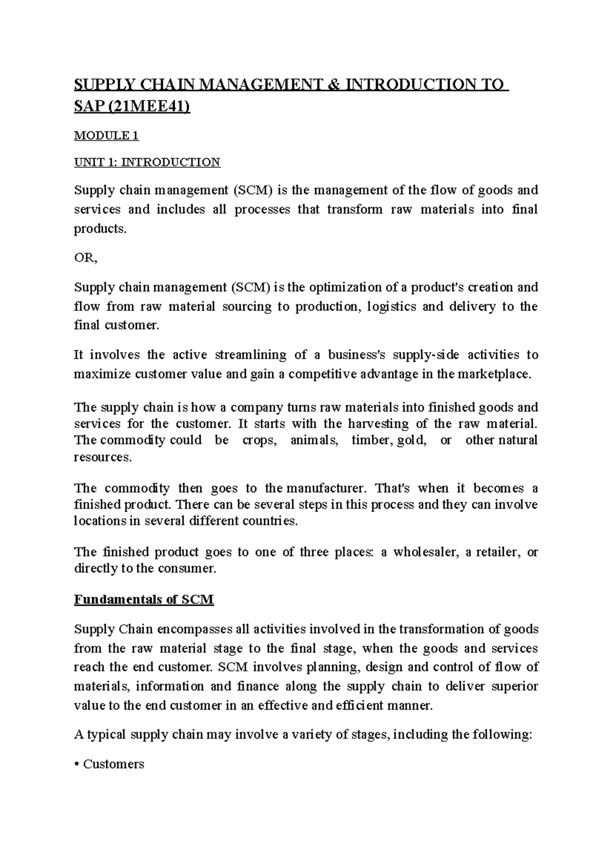 Module 1 SCM - SCM - SUPPLY CHAIN MANAGEMENT & INTRODUCTION TO SAP (21MEE41) MODULE 1 UNIT 1 ...