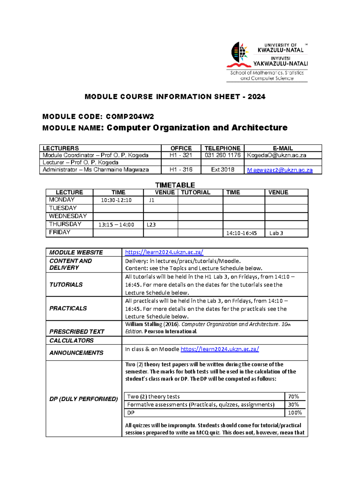 Course outline - COMP204 Computer Organisation - MODULE COURSE ...