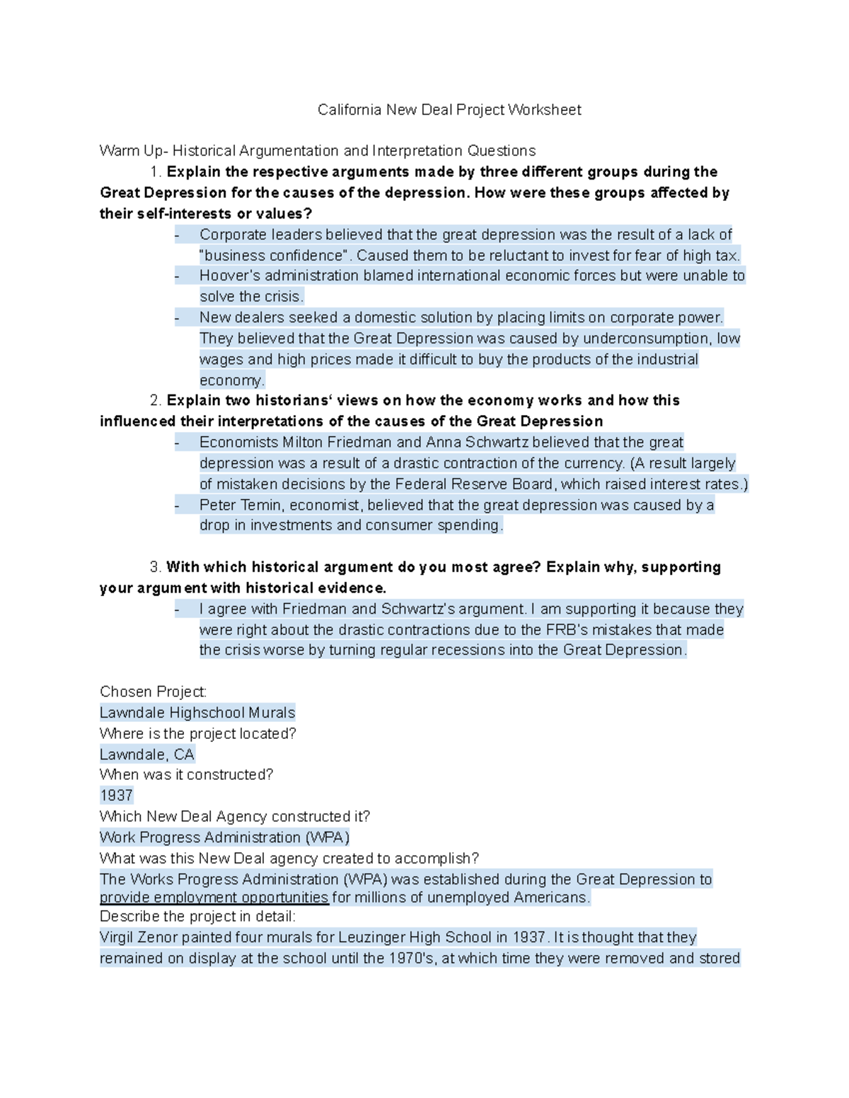 California New Deal Project Worksheet - How were these groups affected ...