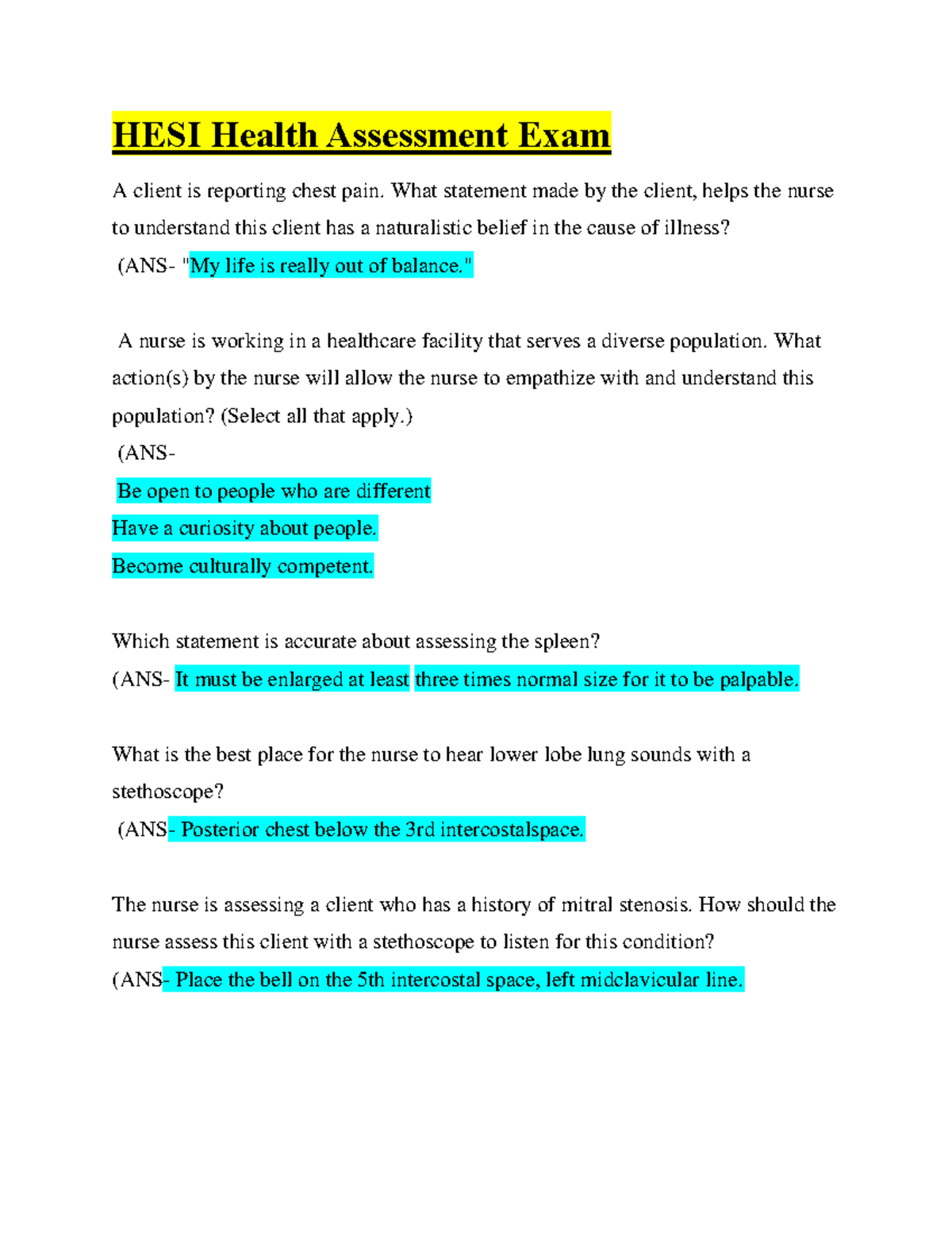 Calins File HESI Health Assessment Exam - HESI Health Assessment Exam A ...