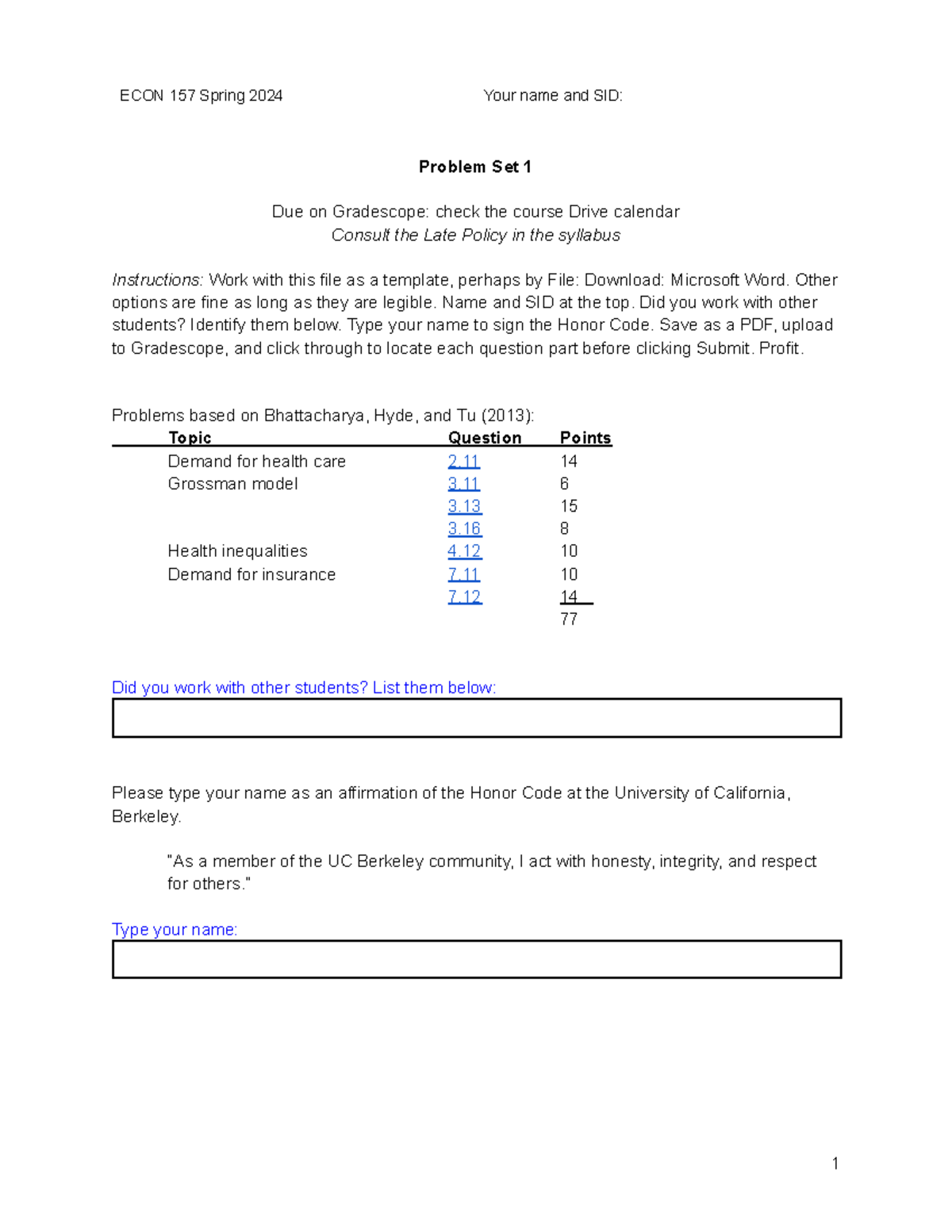 Econ 157 S24 Problem Set 1 Problem Set 1 Due On Gradescope Check The