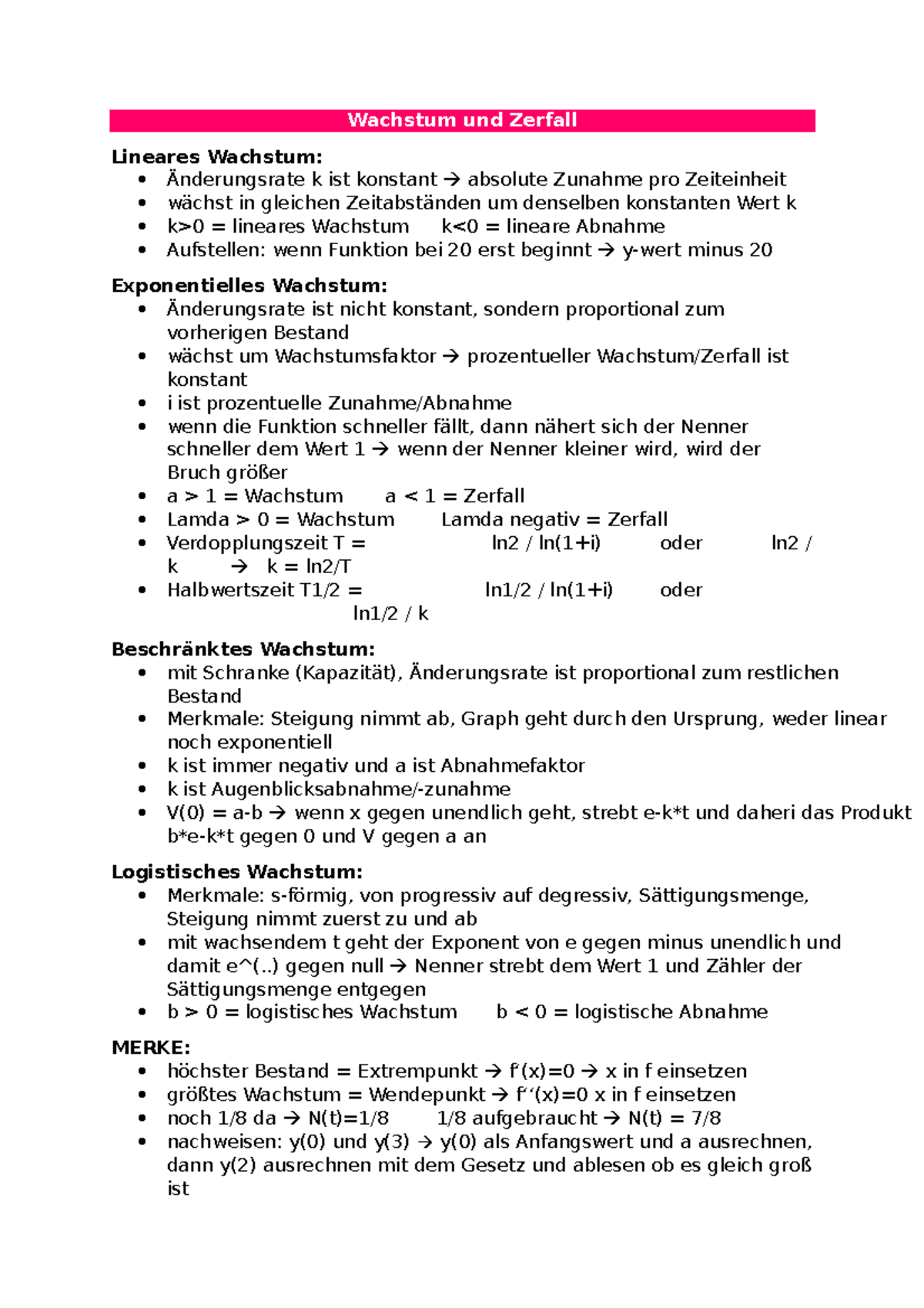 Mathematik Zusammenfassung - Wachstum und Zerfall Lineares Wachstum ...