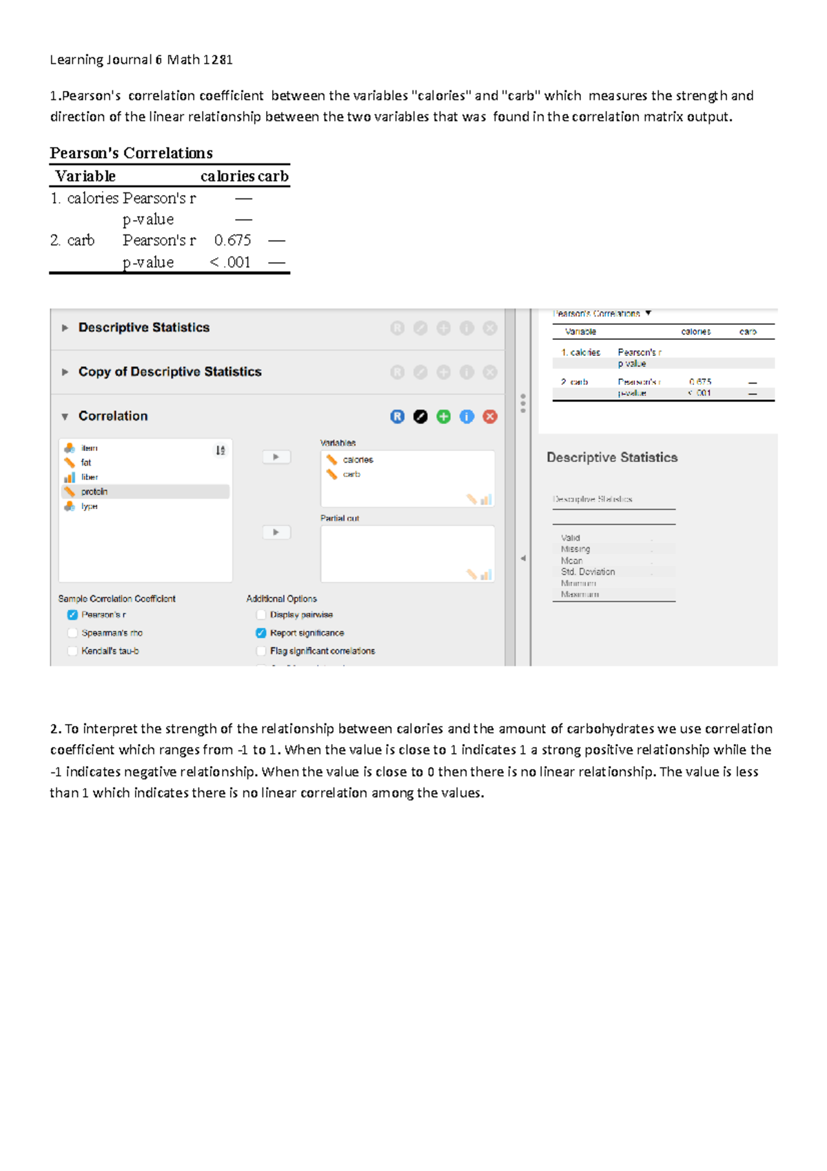 Learning Journal 6 Math 1281 - Learning Journal 6 Math 1281 1's correlation coefficient between ...