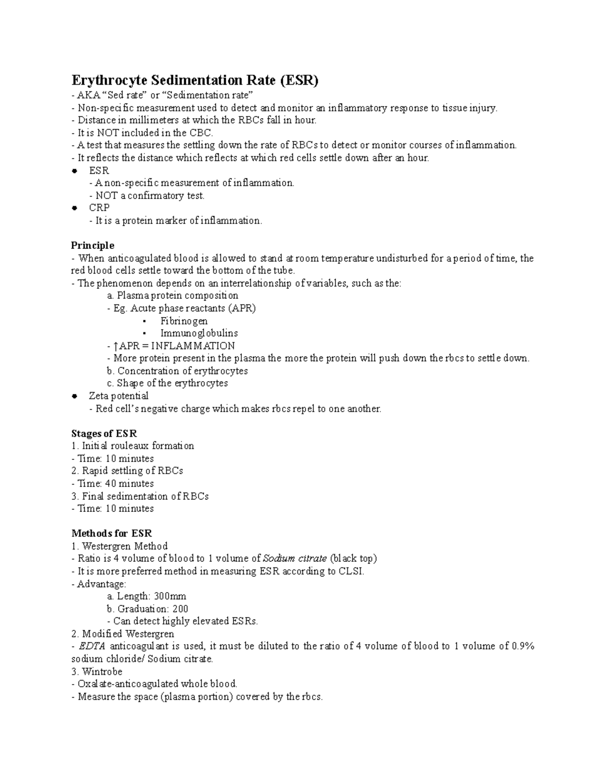Erythrocyte Sedimentation Rate (ESR) - Distance in millimeters at which ...