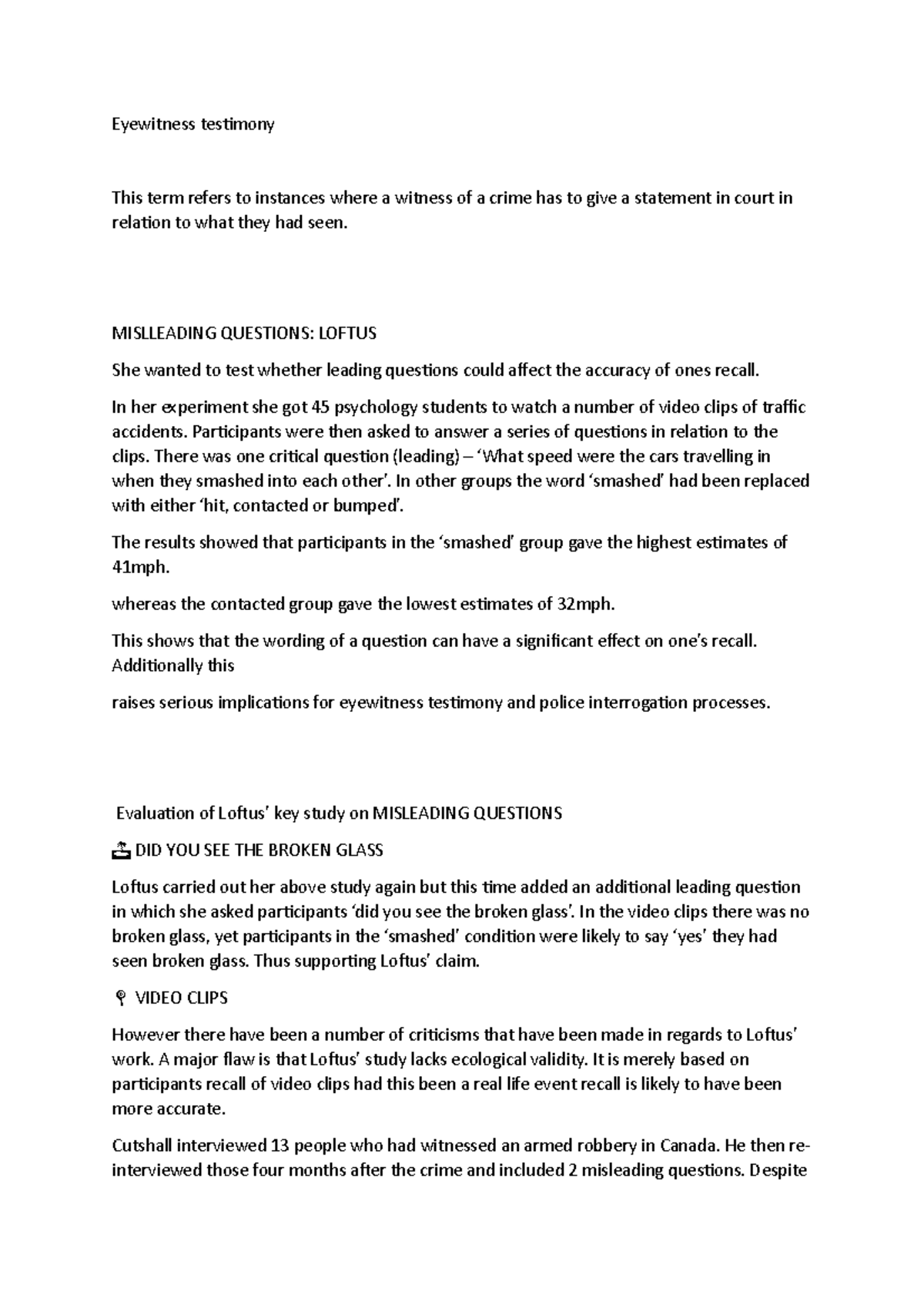 Unit 1 part 2 - in depth notes on the psych 101 module - Eyewitness ...