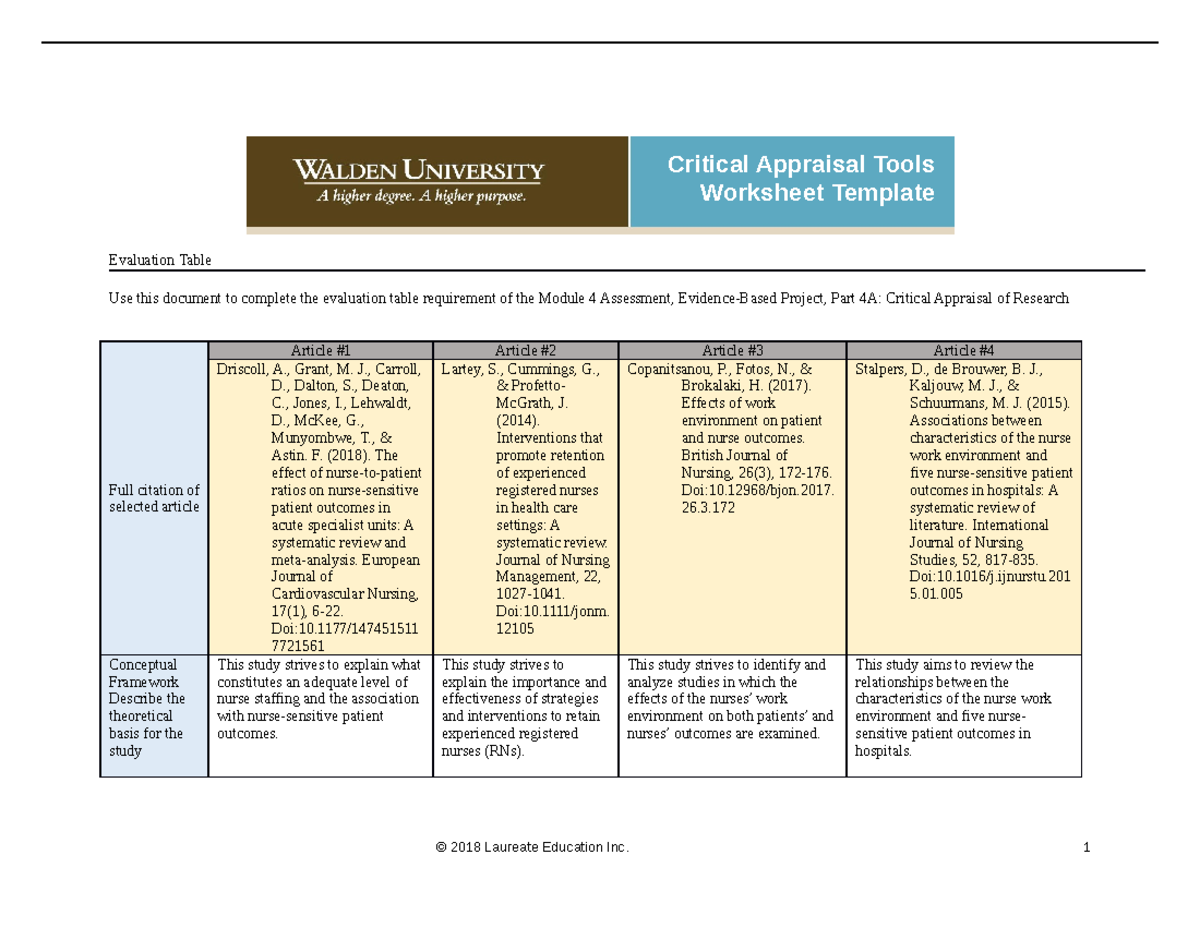 Critical Appraisal - Crucial Concerns Worksheet - Evaluation Table Use ...