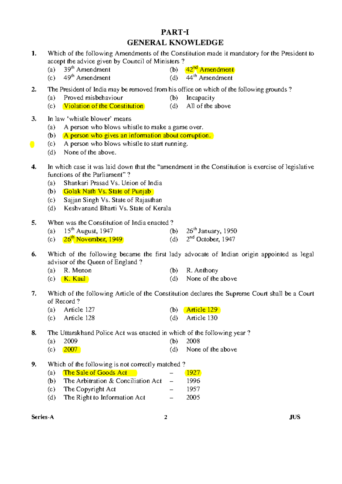 2012 Pre Question Paper of Uttarakhand Civil Judge JD Pre Exam - PART-I ...