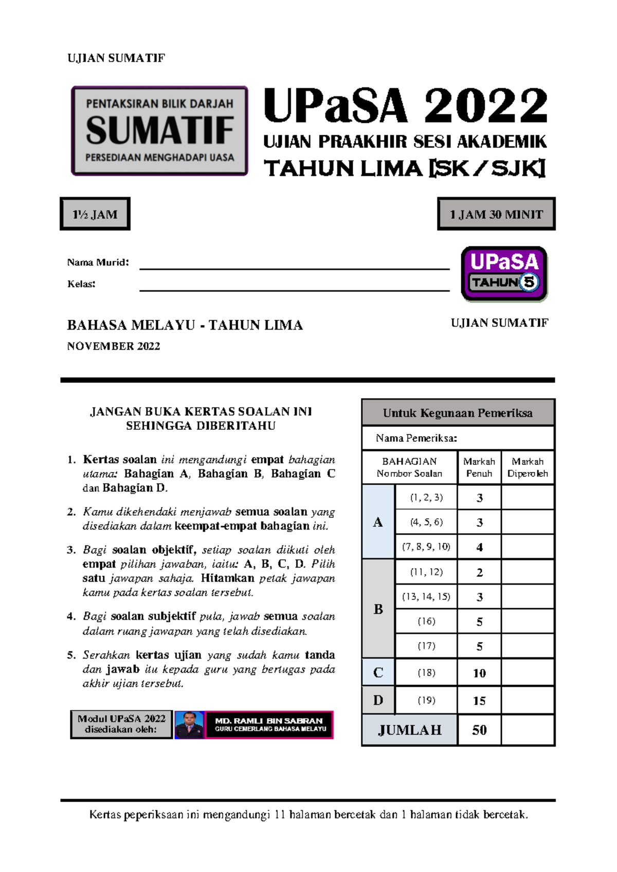 SET UPa SA BM Tahun-5 Murid - UJIAN SUMATIF UPaSA 2022 UJIAN PRAAKHIR ...
