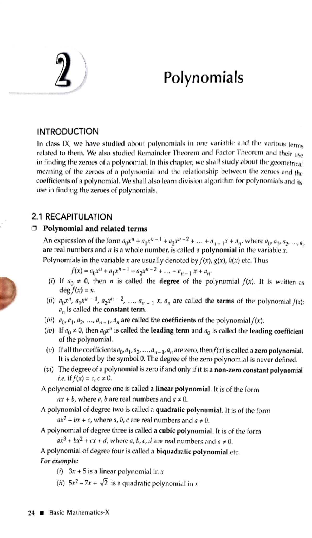 Polynomials & Linear Equations ML - 2 INTRODUCTION In class IX, we have ...
