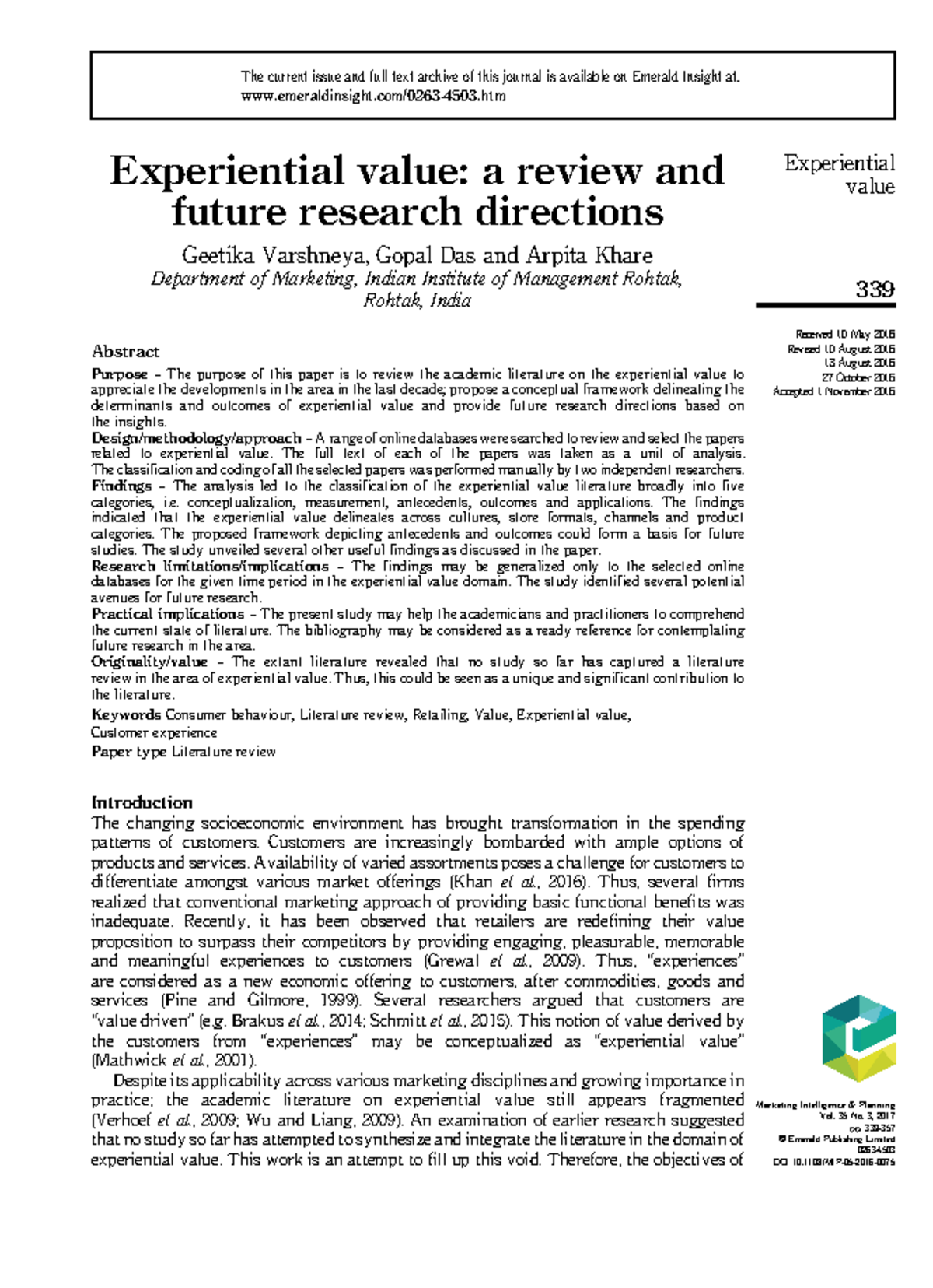 Experiential value a review and - Experiential value: a review and future research directions ...