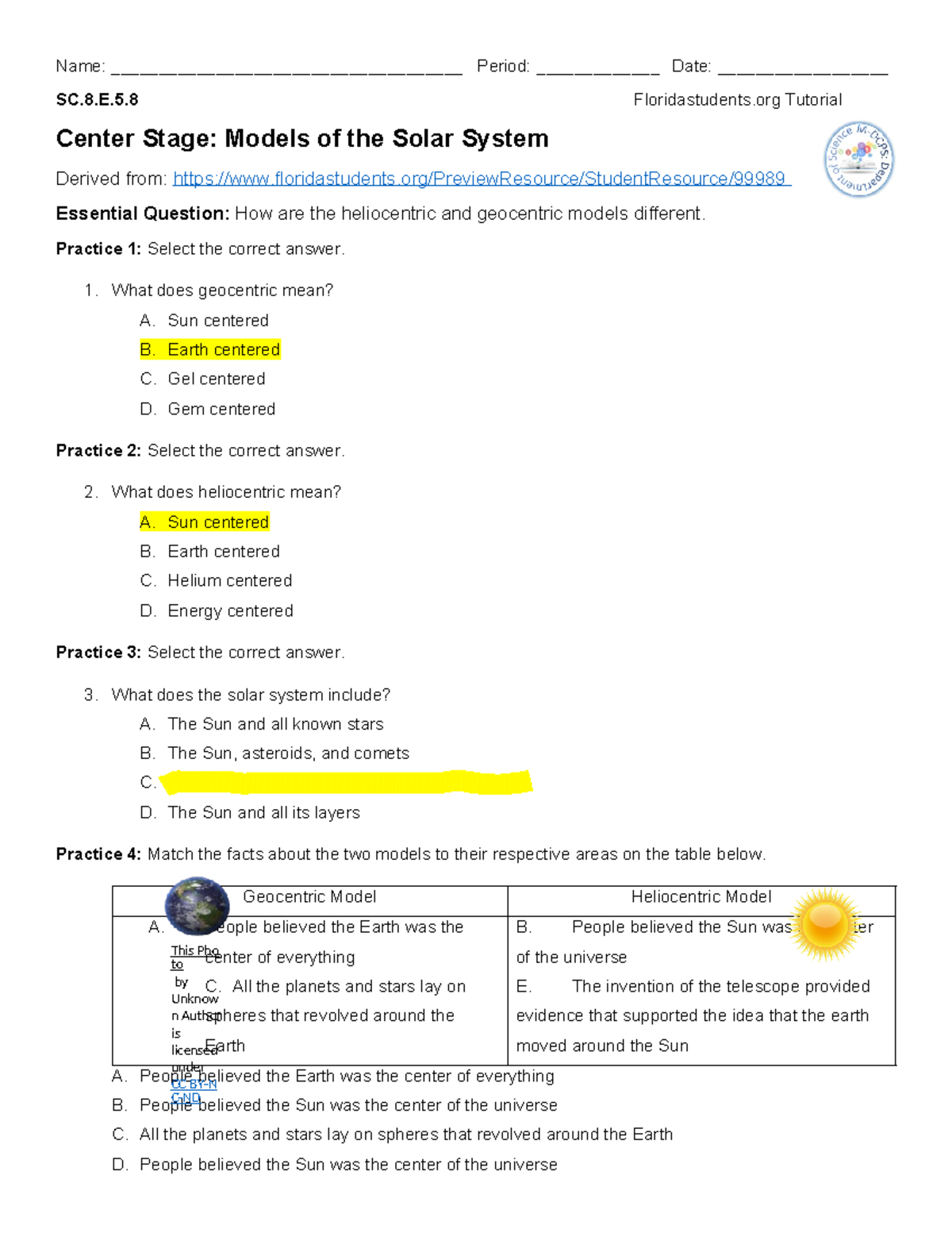 Models of the soloar system 1 - Name ...