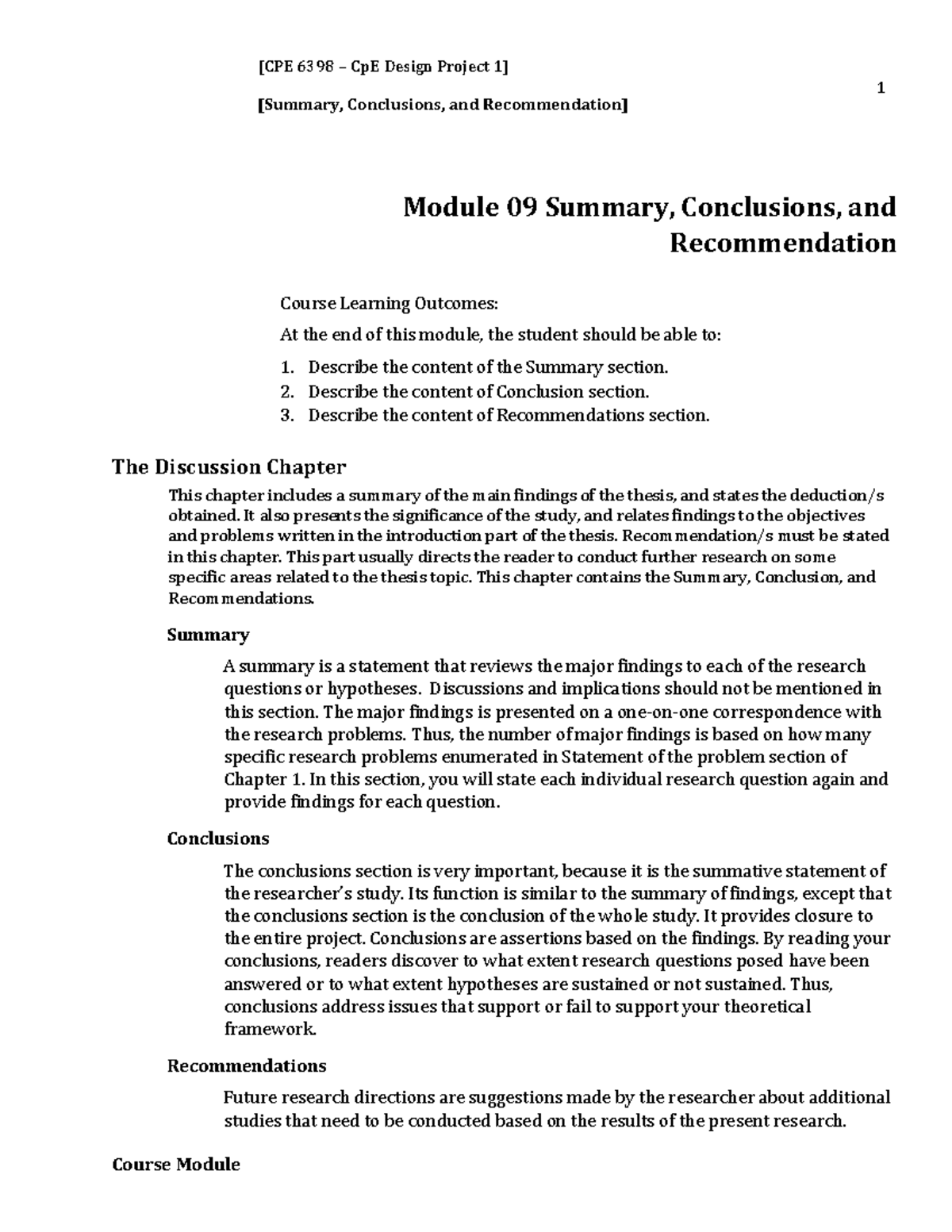 W11 Module 9 Summary, Conclusion and Recommendations - [CPE 6398 – CpE Design Project 1] 1 ...