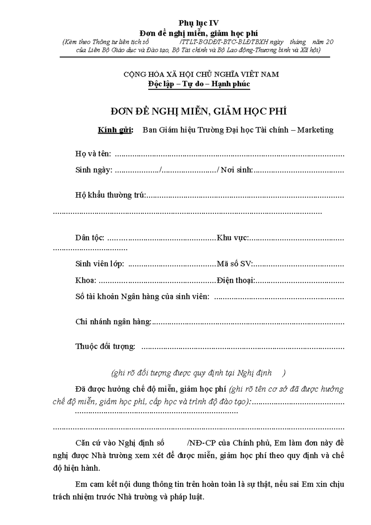 1 - 233132 - Phụ lục IV Đơn đề nghị miễn, giảm học phí (Kèm theo Thông ...