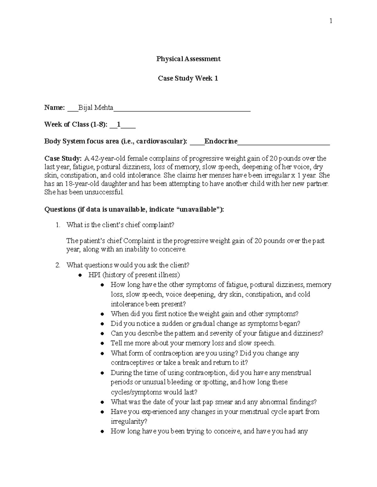 Case study week 1 - weekly assignment - Physical Assessment Case Study ...