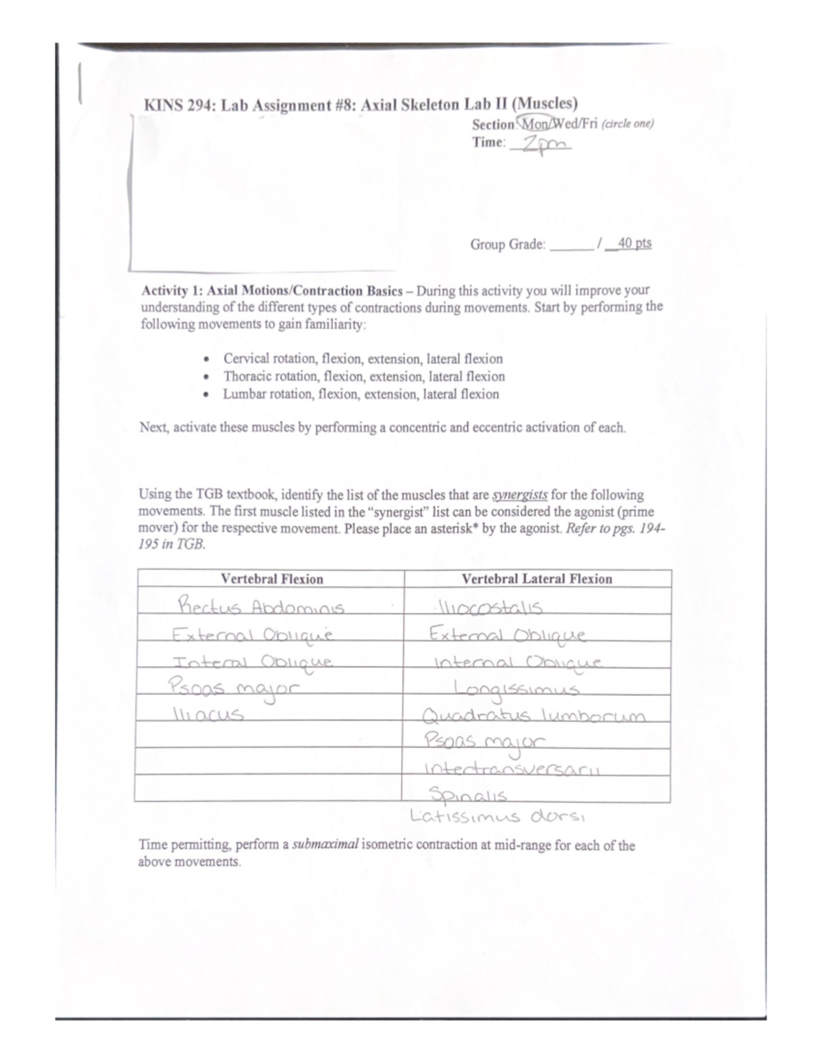 Kins 294 Lab Assignment #8 Axial Skeleton Lab II (Muscles) 2 - Kins 294 - Studocu