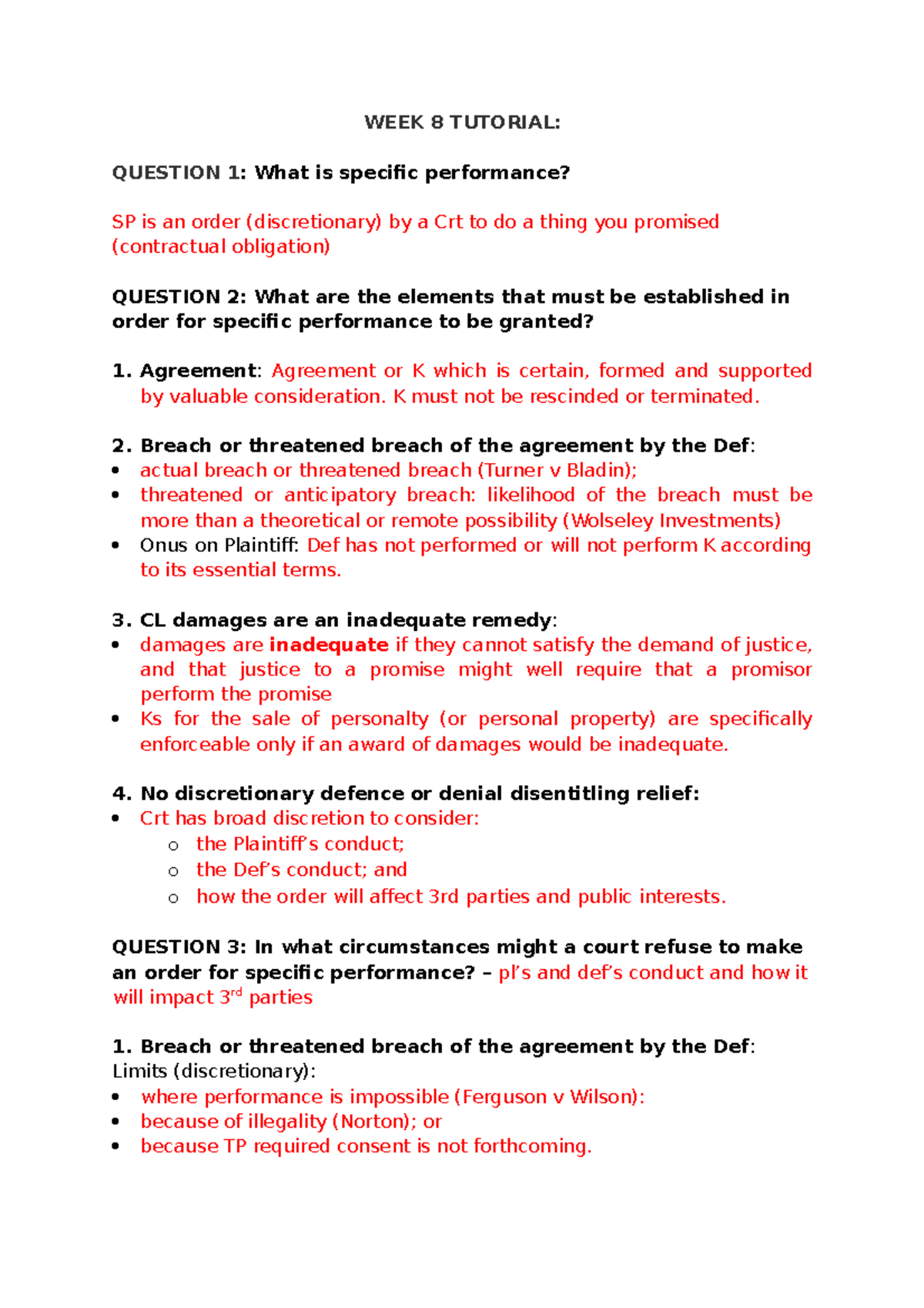 Week 8 Tutorial - week8 - WEEK 8 TUTORIAL: QUESTION 1: What is specific performance? SP is an ...